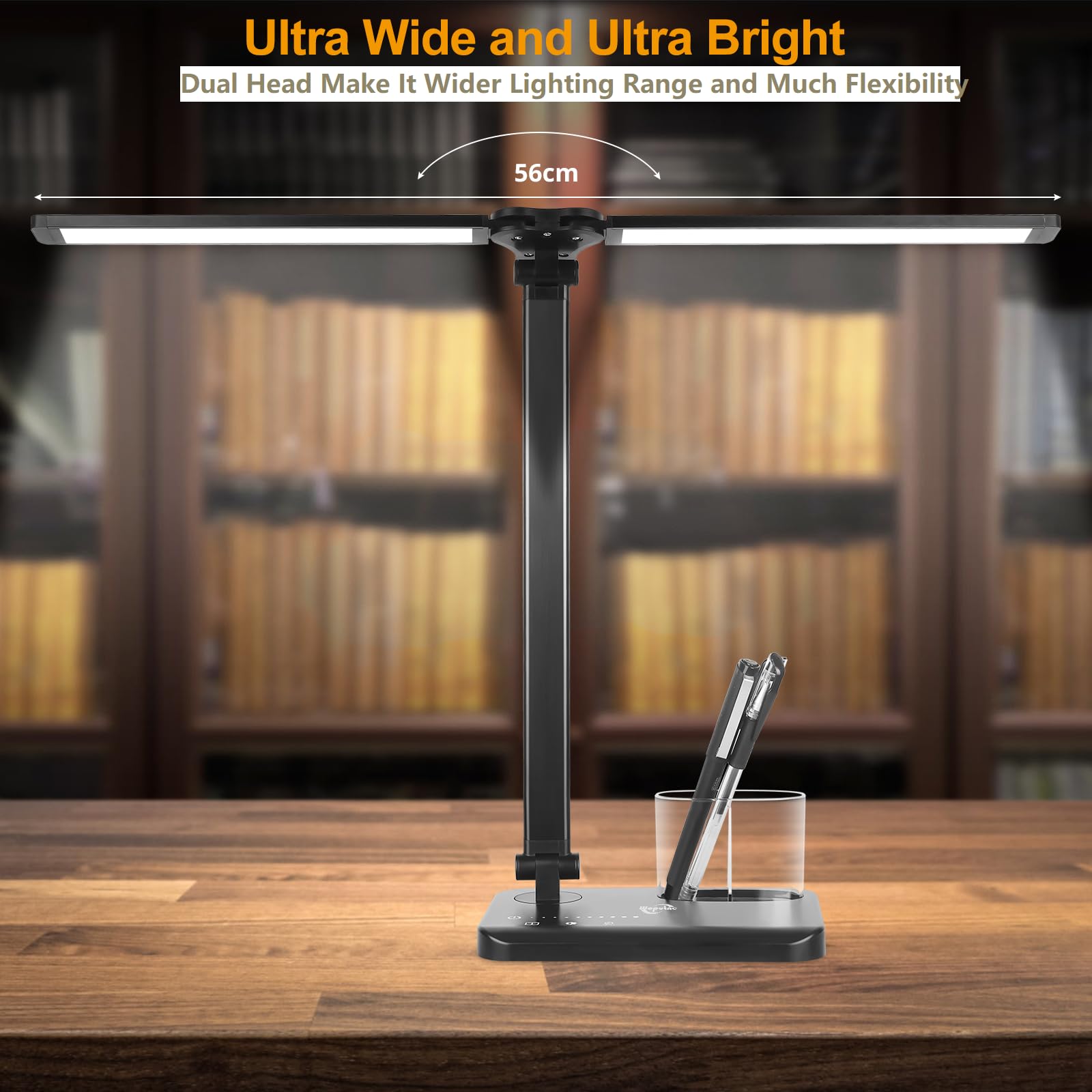 Woputne Desk Lamp, Dual Head Desk Light, 5 Lighting Colors & 10 Brightness Reading Light, LED Desk Lamp for Home Office, Table Lamp for Bedroom Desktop, Study, Craft, Black