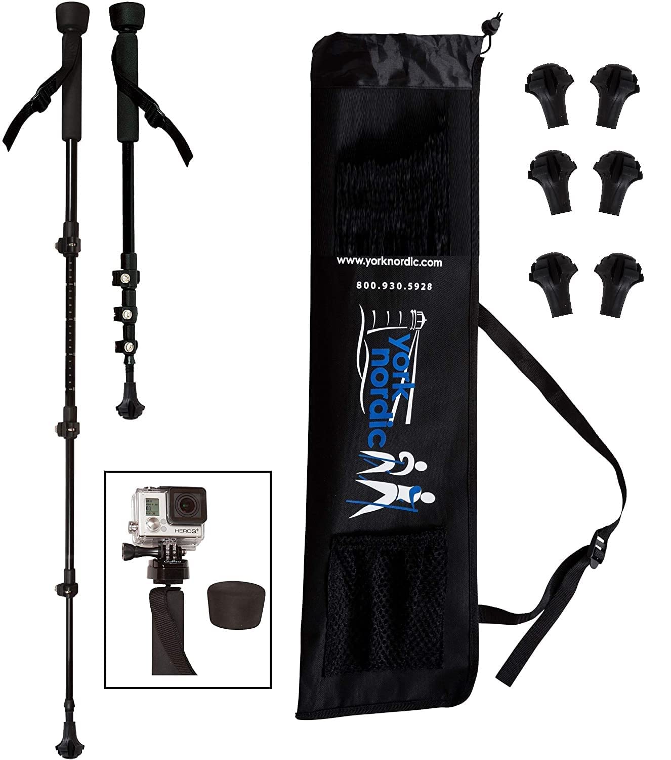 Trekking Bundle - York Nordic Adjustable Travel Pole with 2 Extra Sets of Feet