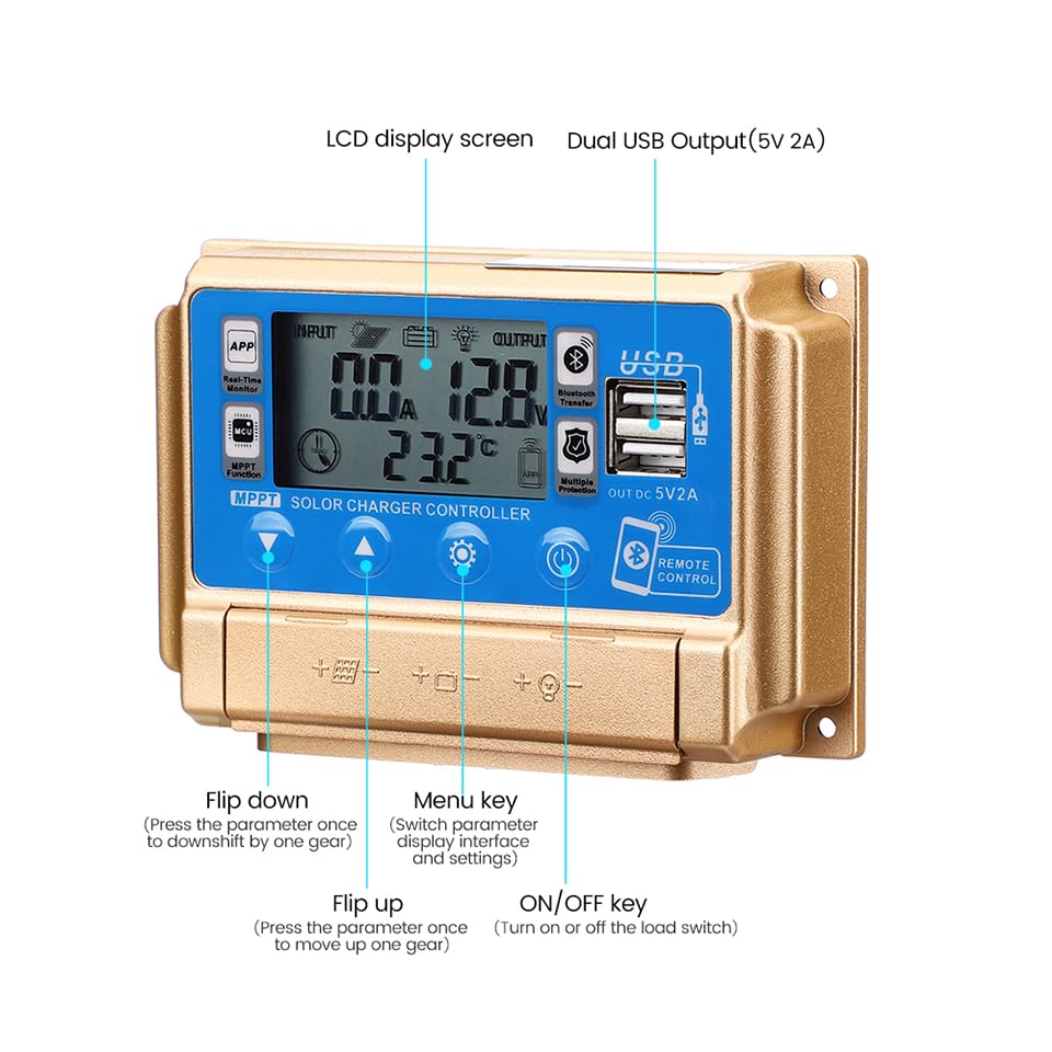 SUNYIMA 60A MPPT Solar Charge Controller 12v/24v Current Auto Focus MPPT Tracking Charge with Bluetooth LCD Display Dual USB Solar Regulator Charge Controller Multiple Load Control Modes (60A MPPT)