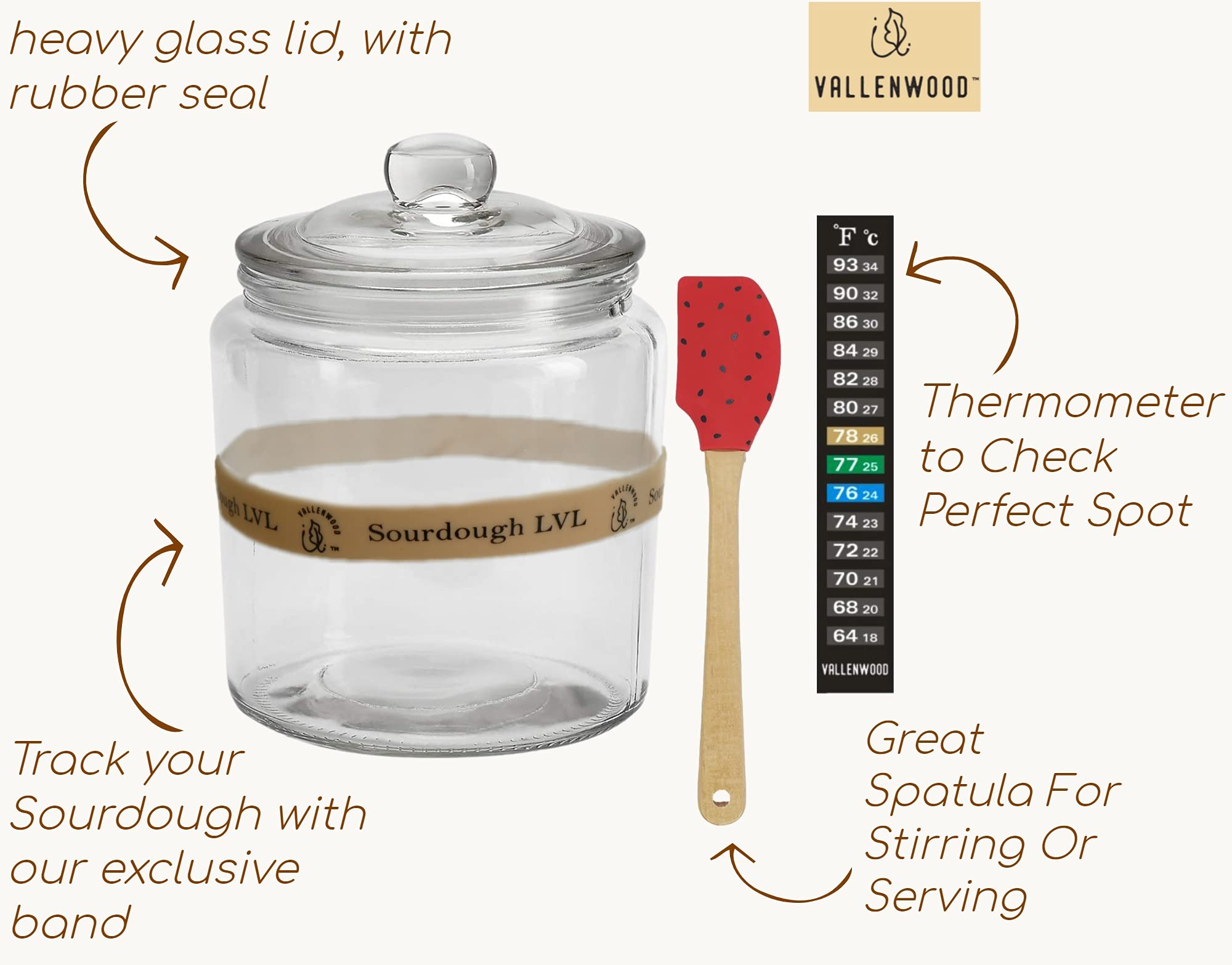 VALLENWOOD Sourdough Set: Clear Thicker Glass Jar 34oz, 1L With Lid. Plus Silicone Band Level Tag, Thermometer With Magnetic Strip And Spatula. For Fermenting. For Starter (Circular)