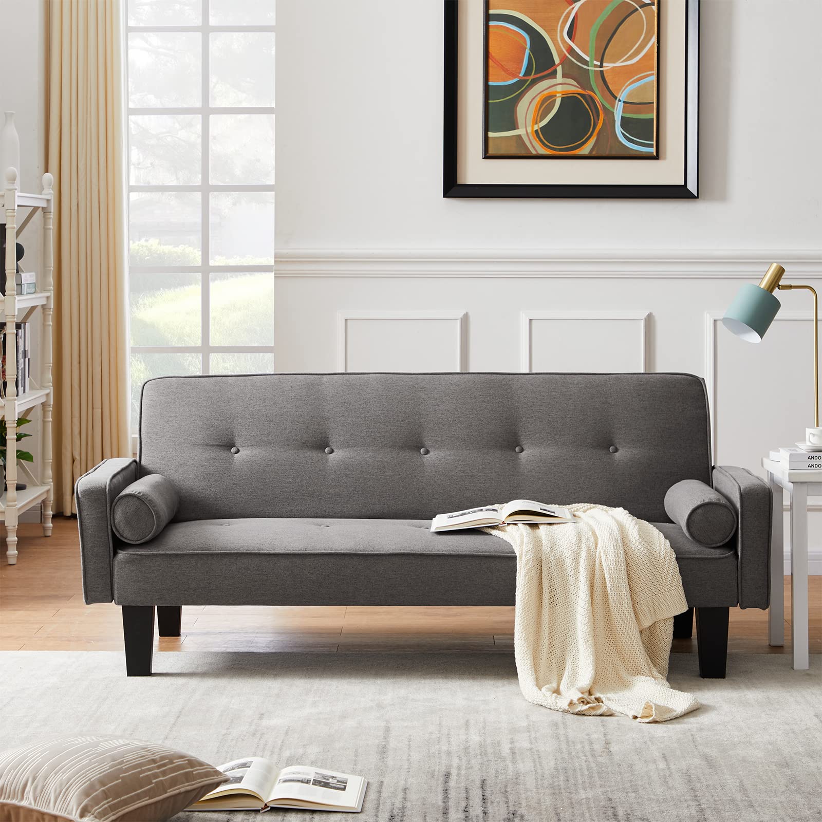 Recaceik Modern Futon Sofa Bed, Convertible Folding Sofa Couch LoveSeat Couch Living Room Folding Sleeper with 2 Pillows Furniture for Small Apartment, Space, Home