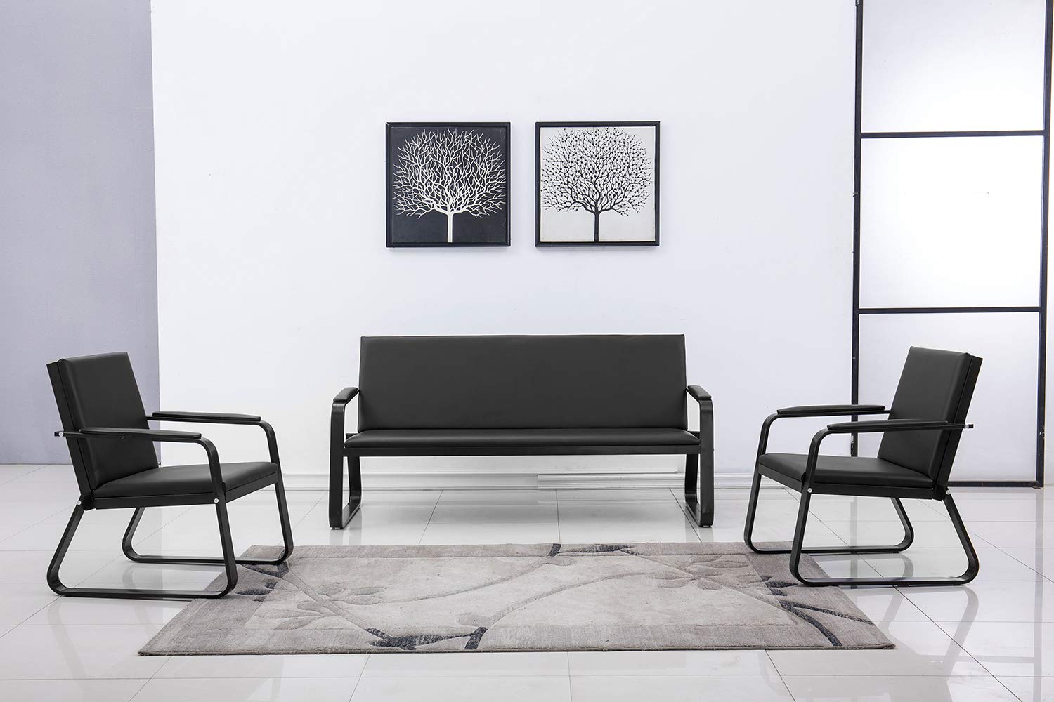 walnest 3PCS 5 Seats Office Reception Chair Set PU Leather Waiting Room Bench Visitor Guest Sofa Airport Clinic 2x1-seat and 1x3-seat