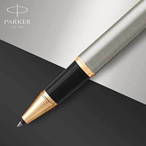 Parker IM Rollerball Pen, Brushed Metal and Gold with Fine Point Black Ink Refill (1975542)