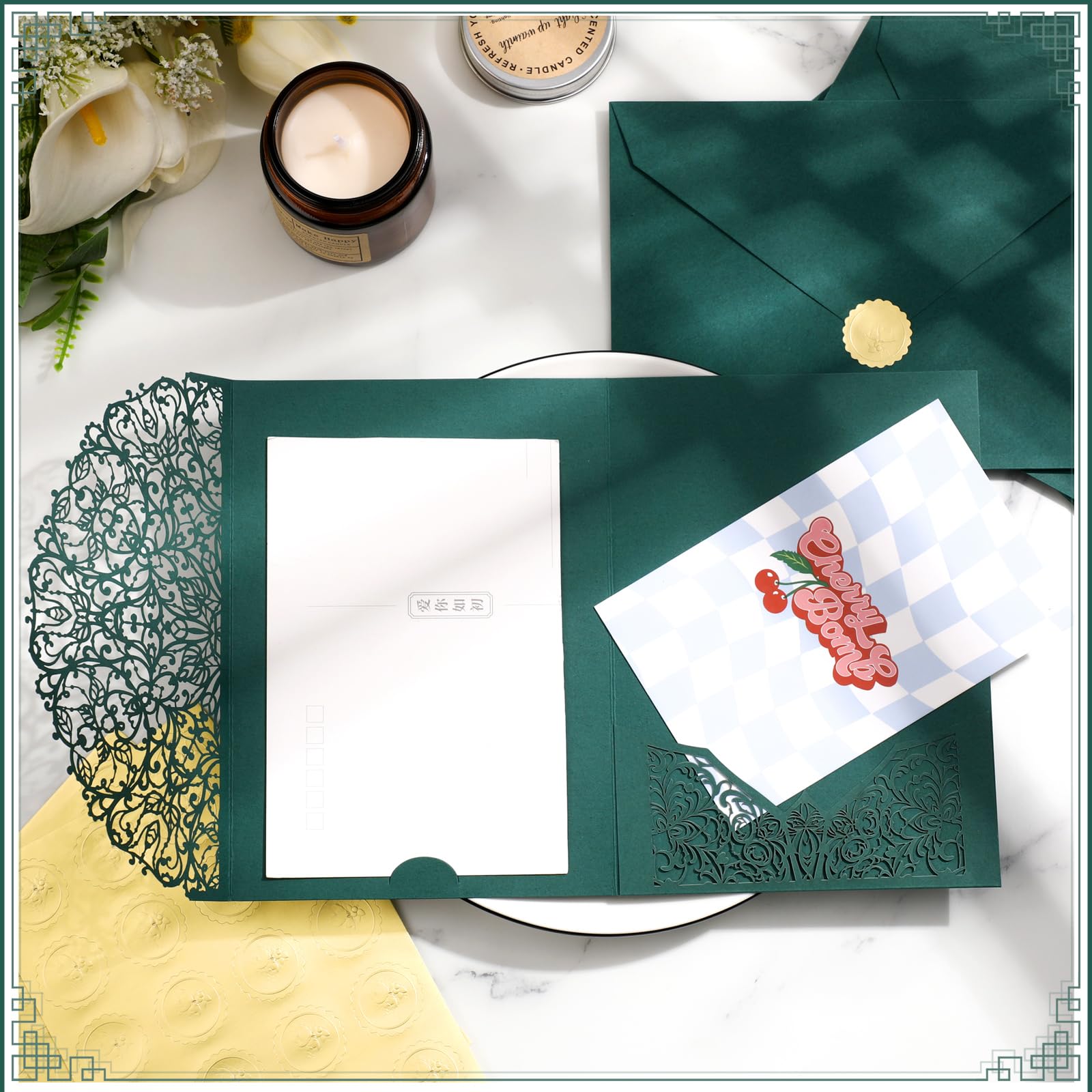 PerKoop 100 Set 5 x 7 Laser Cut Wedding Invitations with Envelopes and Wax Seal Stickers Pocket Wedding Invitation Cards Blank Invitation Kit for Wedding Bridal Shower Engagement Invite (Dark Green)