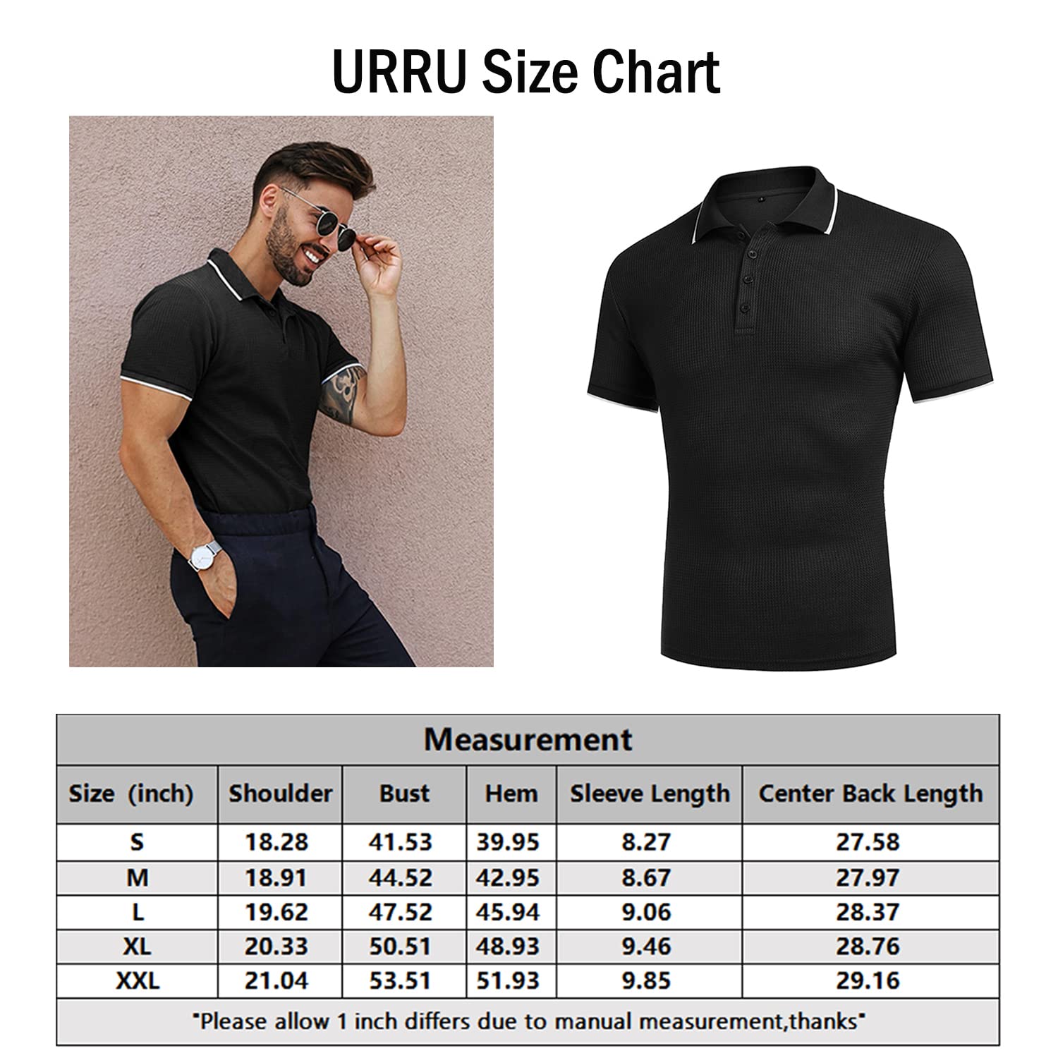 URRU Men's Muscle T Shirts Waffle Stretch Short Sleeve Polo Shirt Casual Slim Fit Workout Tee Shirts Black M