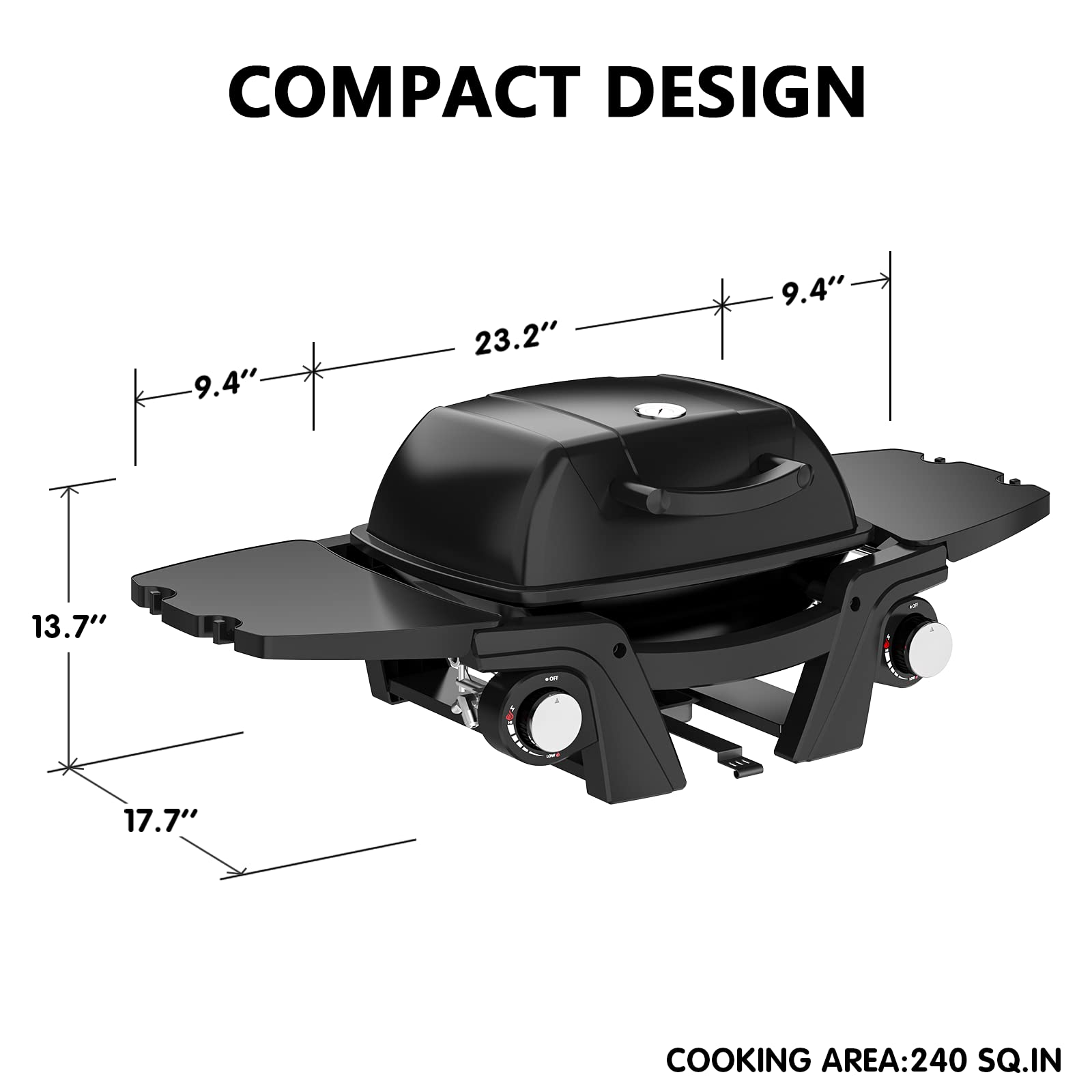 Propane Gas Grill with 2 Burner, Portable Outdoor Tabletop Camping Grill BBQ with Folding Sides, 24000 BTU, Gas Hose, Built in Thermometer, Black