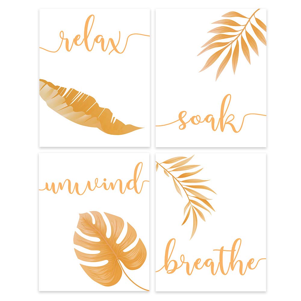 Terracotta Bathroom Decor - Relax,Soak,Unwind,Breathe Leaves Wall Art - Set of 4 8 x 10 Unframed Prints - Yoga Studio Art - Spa Decorative Photos - Home, Office, Classroom,Dorm Palm Tree Leaf Monstera