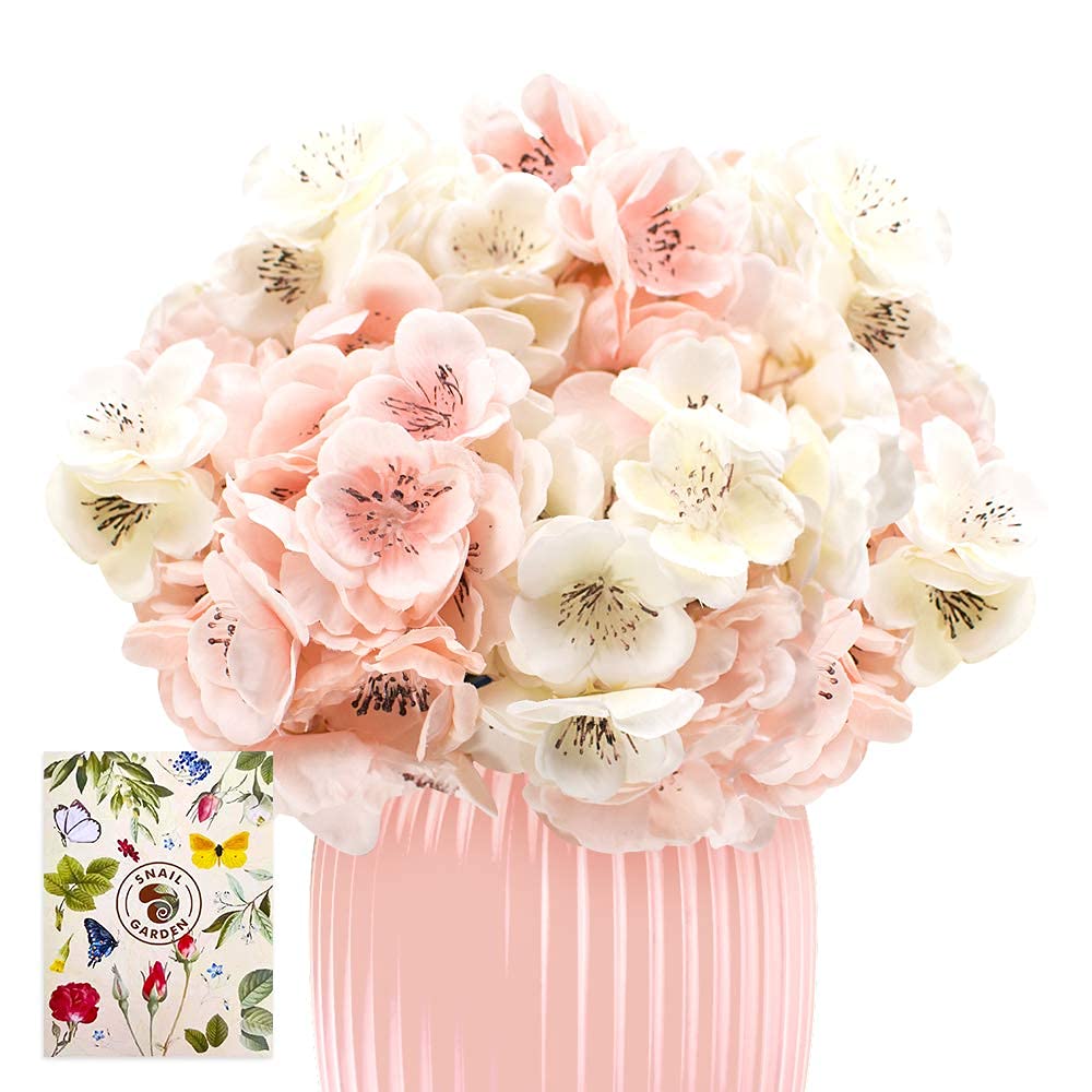 SNAIL GARDEN 24Pcs Artificial Hydrangea, 2 Colors Single Real Touch Hydrangea with Stem-Silk Bouquet with 1 Greeting Card for Wedding Party, Home Office Table Arrangements, Festival Gift(White & Pink)