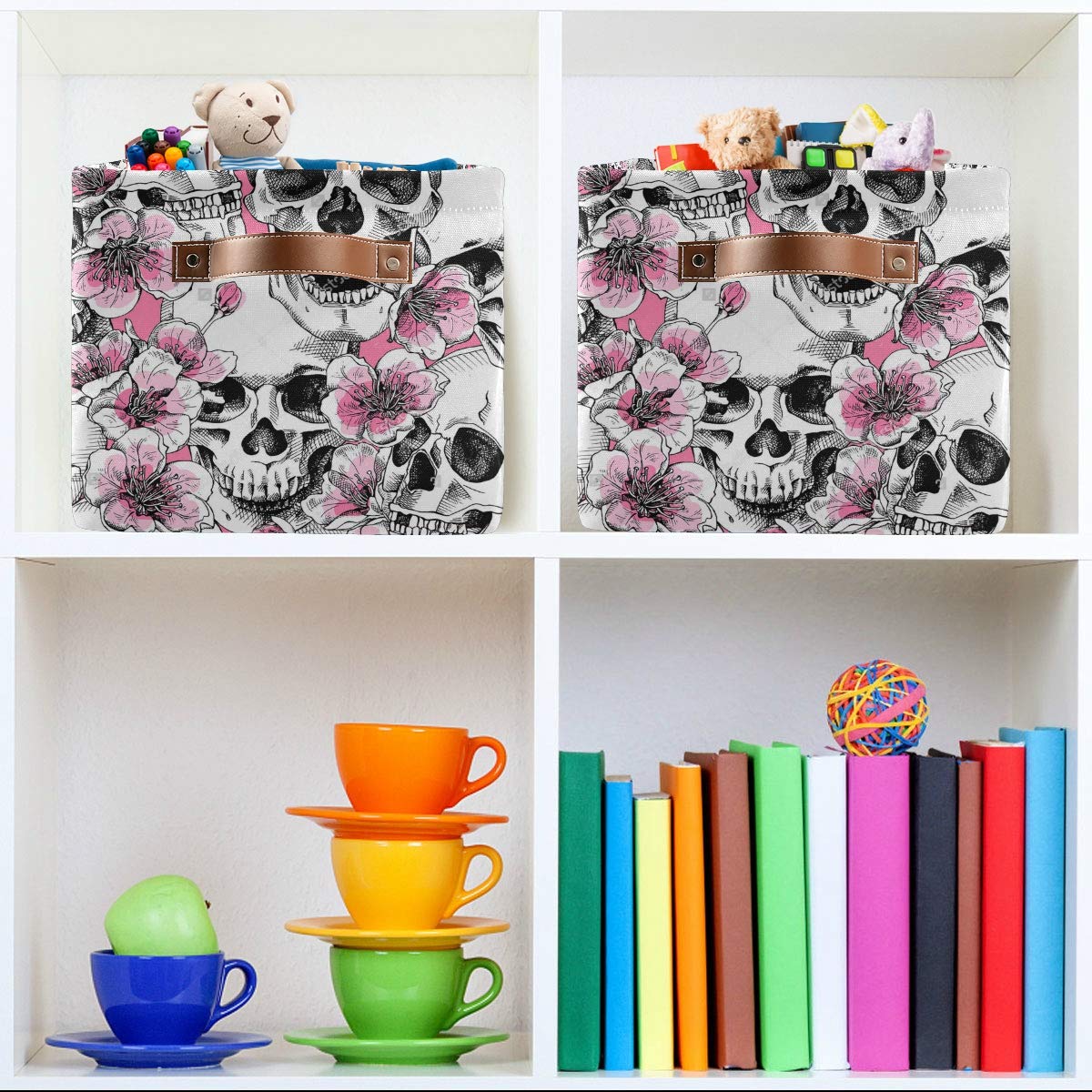 Skull and Cherry Blossoms Dog Toy Baskets Canvas Collapsible Box Chest Organizer for Laundry Hamper Toy Bins Gift Baskets Bedroom Clothes Baby
