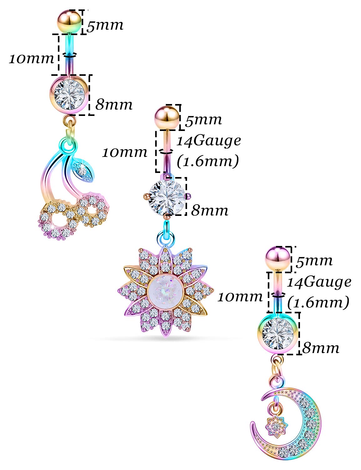 Vsnnsns 14G Belly Button Rings for Women Stainless Steel CZ Opal Long Dangle Belly Rainbow Tone B VSN0283 0