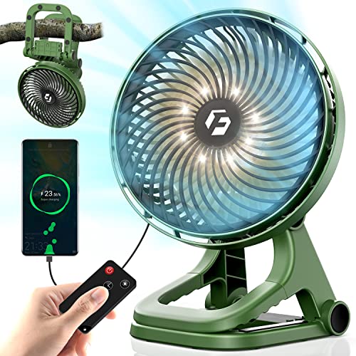 Portable Camping Fan - 12000mAh 8-inch Clip on Fan with Colossal Clamp - Rechargeable Fan with LED & Remote - Golf Cart Fan for Outdoor, Travel, Workshop, Hurricane Emergency (Green)
