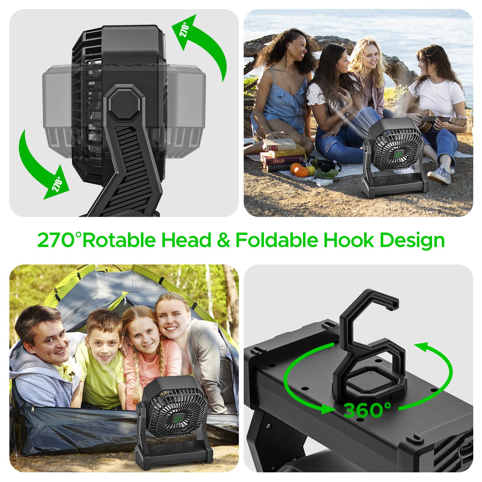 Oscillating Stroller Fan, 5000mAh Rechargeable Camping Fan, Multifunctional USB Desk Fan - Removable Flexible Octopus Tripod with Hanging Hook,3 Speed&LED Light for Stroller/Tents /Gym…
