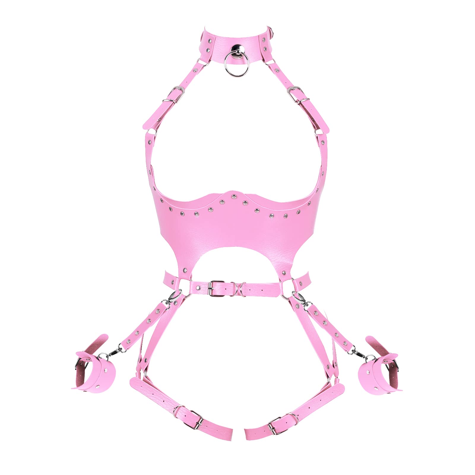 Waist Garter belt Punk Full body harness for women Photography Dance Rock Halloween Leather cage Chest strap set (Pink)