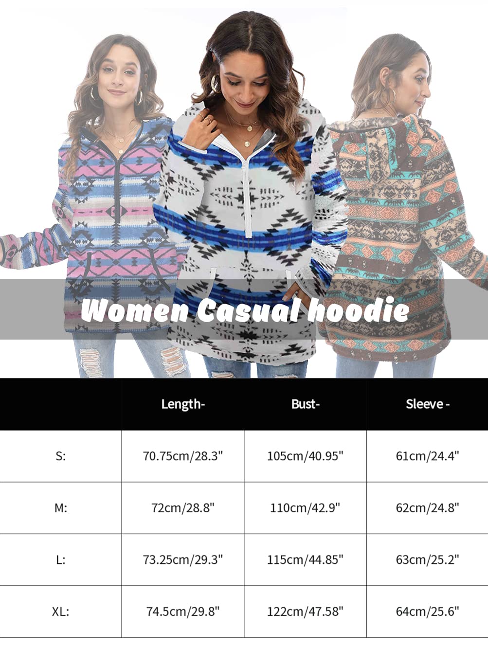 Voopptaw Aztec Sweaters for Women Casual Fuzzy Pullover Long Sleeves Zipper Sweatshirt Winter Loose Fit Coat with Pockets Pink S