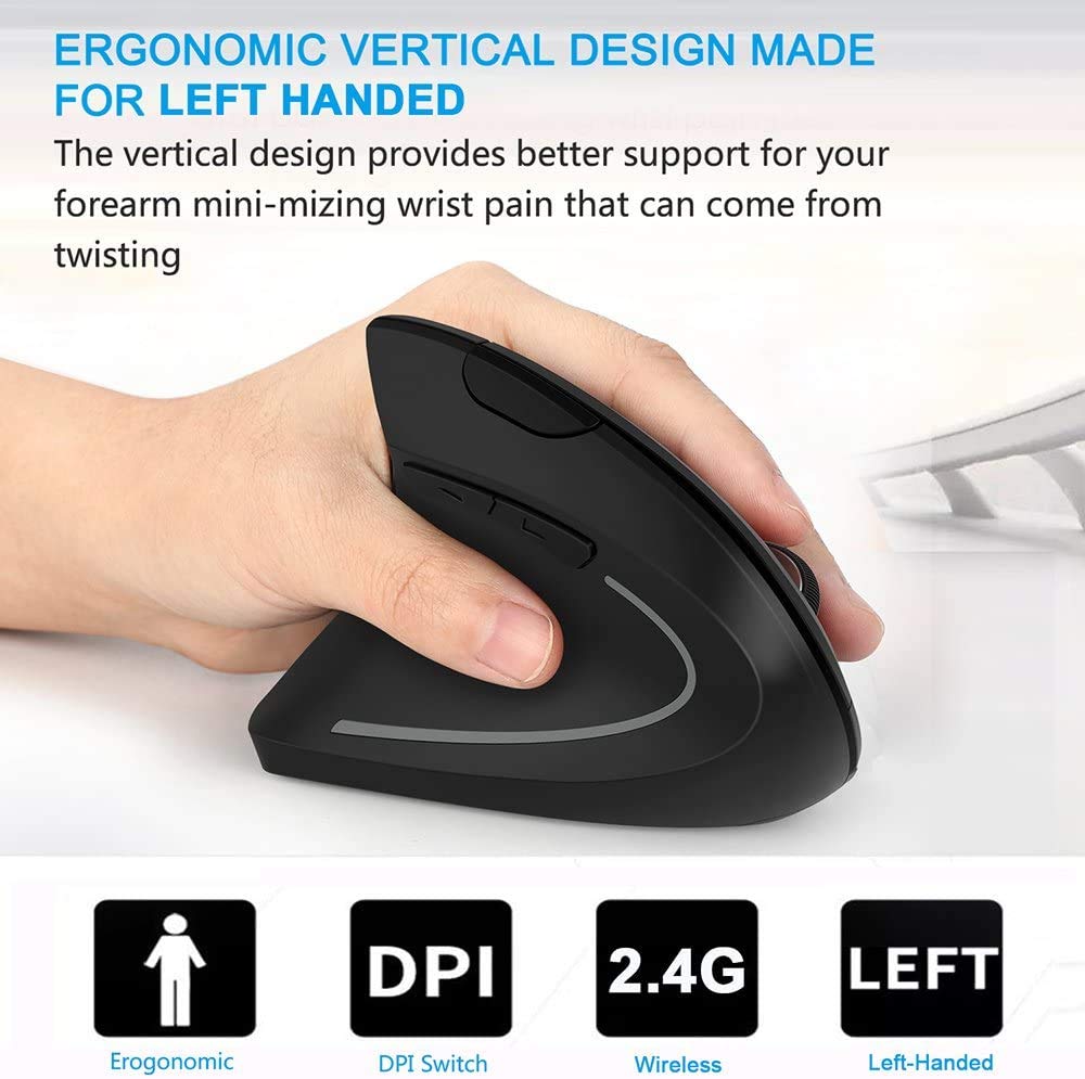 Rechargeable Left Handed Cordless Mouse, Left Ergonomic Wireless Mouse - 2.4G Left Hand Vertical Mice with USB Nano Receiver, 6 Buttons, Adjustable DPI 1000/1200 /1600, Less Noise - Black