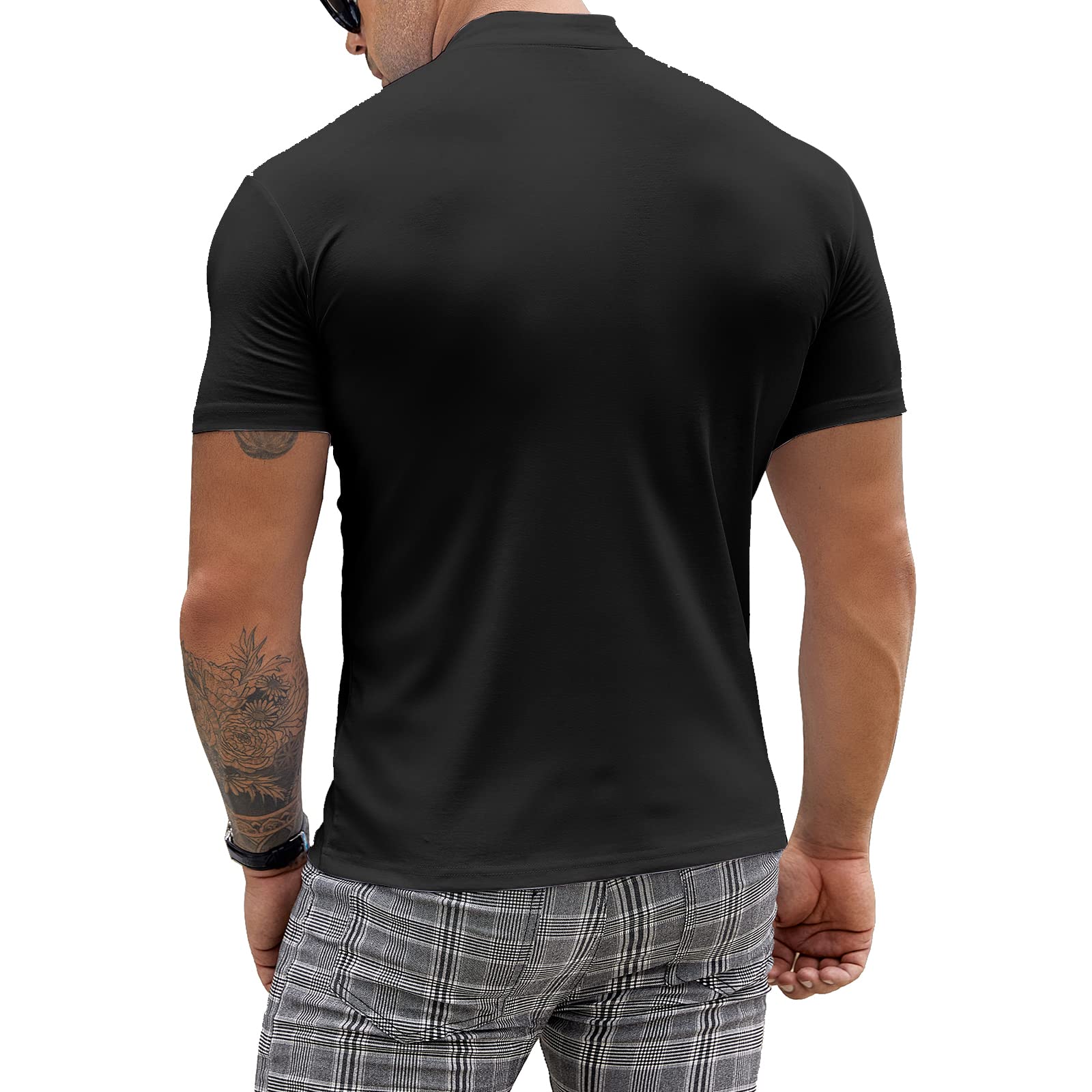 ZARWING Men's Polo Shirts Short Sleeve Slim Fit Mock Neck Casual Zip T-Shirts(Black06,Large)