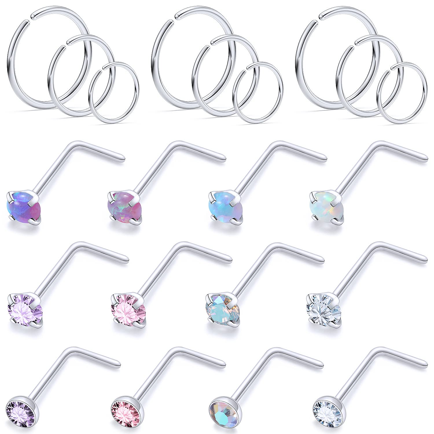 Vsnnsns 18G Nose Rings for Women Surgical Steel Nose Rings Hoops L Shaped Nose Studs Nose Hoop Rings 6mm 8mm 10mm Opal Nose Rings 2.5mm Diamond CZ Nose Ring Piercing Jewelry Silver 21Pcs