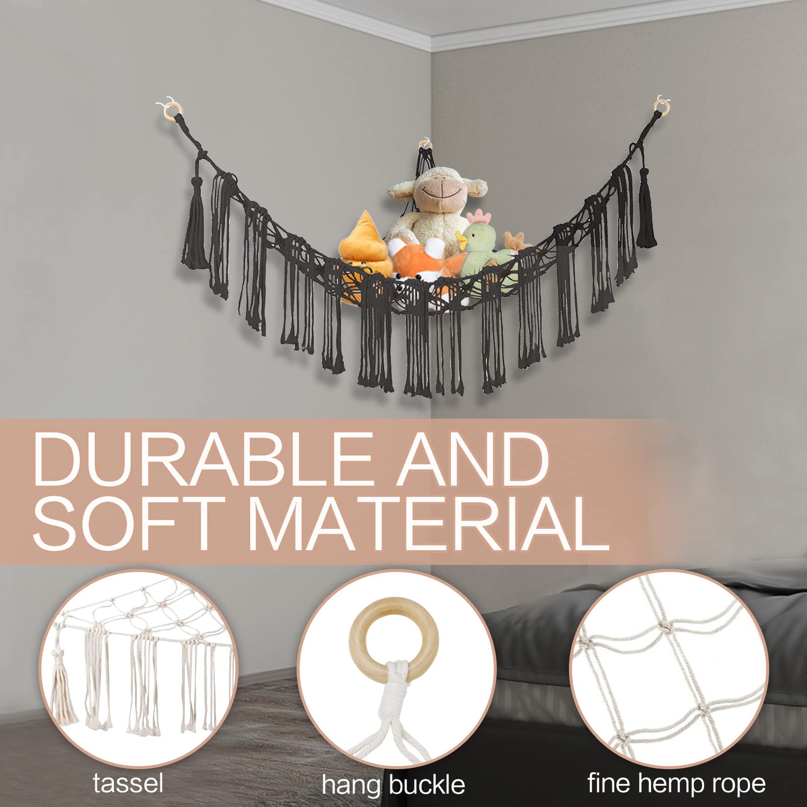 Triangle Stuffed Animal Hammock, 2 Sets Hammock for Stuffed Animals with Macrame Tassels, 59"x 40"x40" Net for Stuffed Animals Corner, Stuffed Animal Net or Hammock for Bedroom (Black)