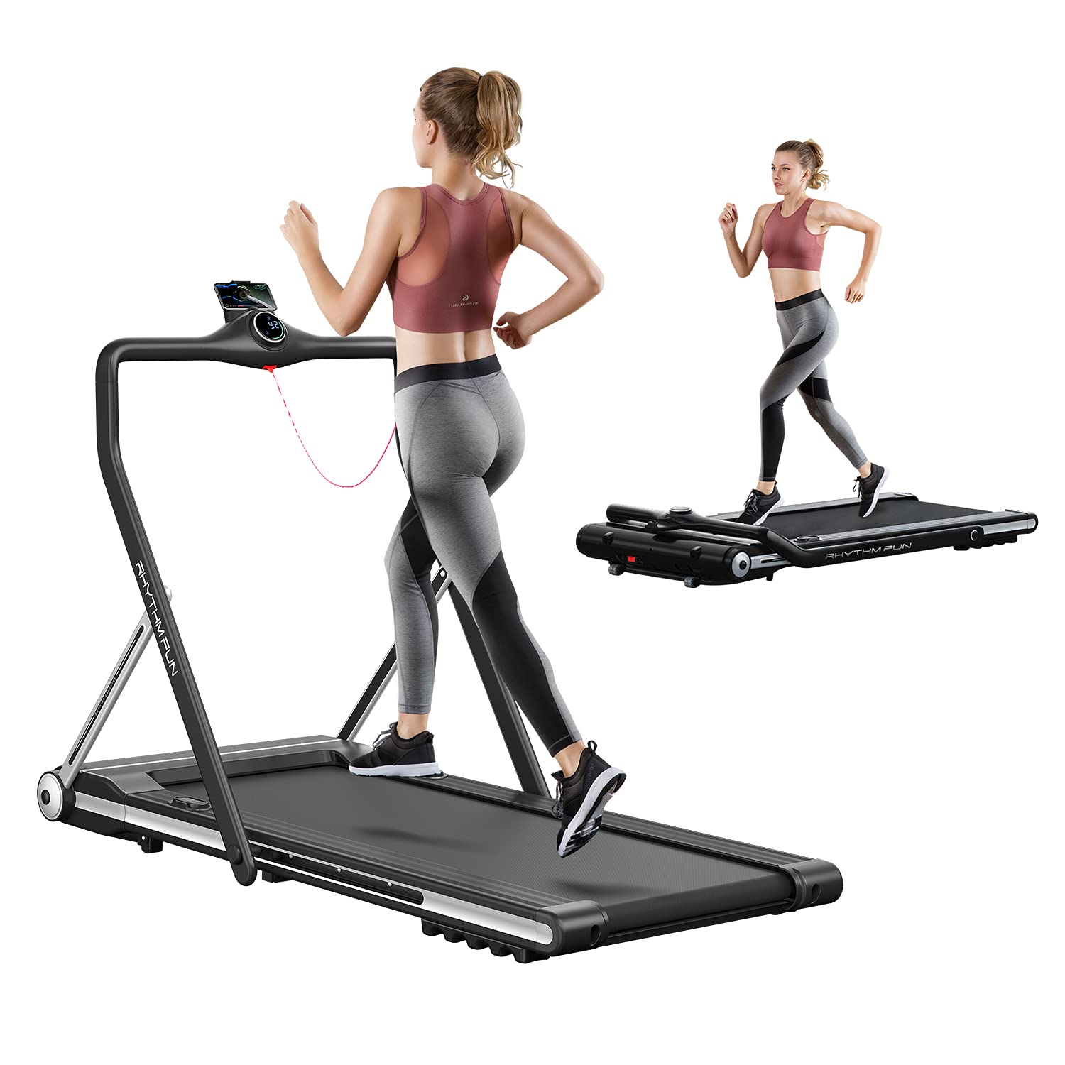 RHYTHM FUN Treadmill Folding Running Treadmill Under Desk Walking Pad Treadmill with Foldable Handtrail Wide Tread Belt Super Slim Mini Quiet Home Treadmill with Smart Remote Control and Workout App