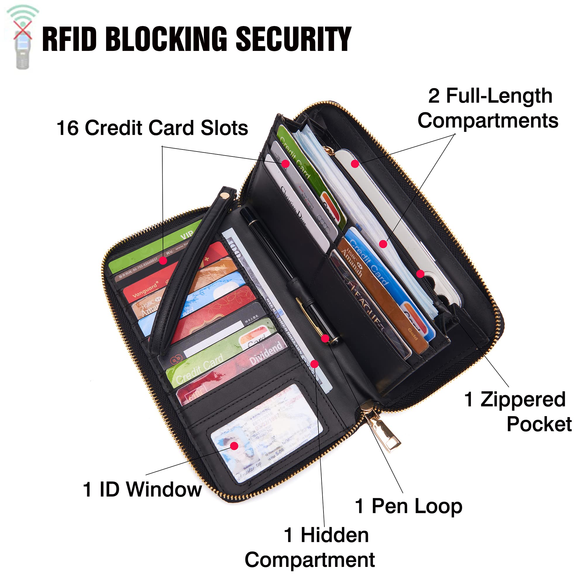 YZAOLL Women's Wallet RFID Blocking PU Leather Large Capacity Zip Around Credit Card Holder Cell Phone Checkbook Storage Bag Zipper Coin Purse,black