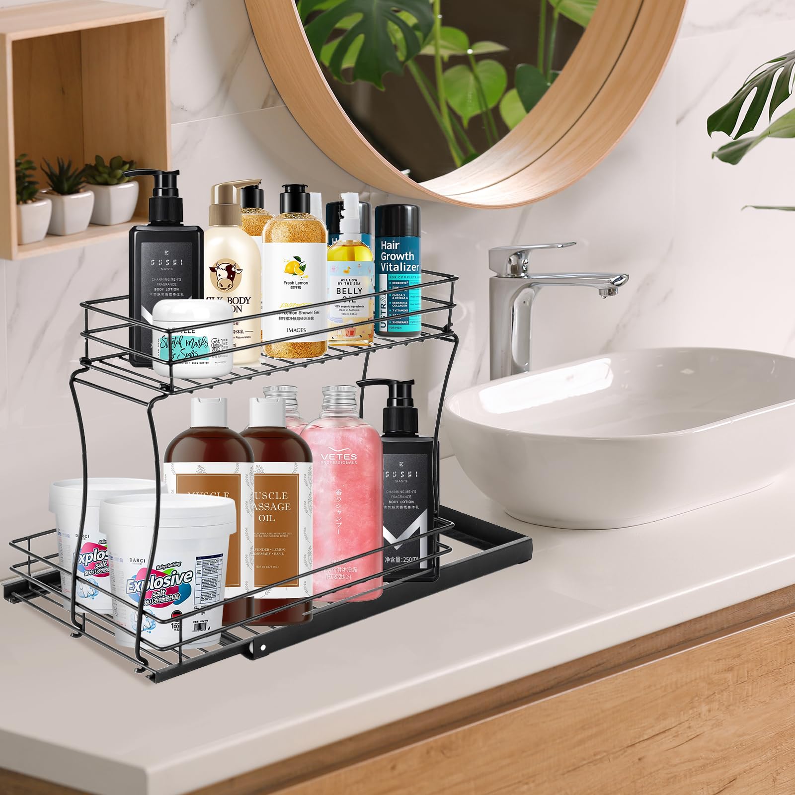 TOOYIMR Under Sink Organizer,2 Tier Slide Out Pull Out Cabinet Organizer Shelf,Multi-Purpose Under Sink Storage with Sliding Drawer for Kitchen Bathroom Cabinet(Black)