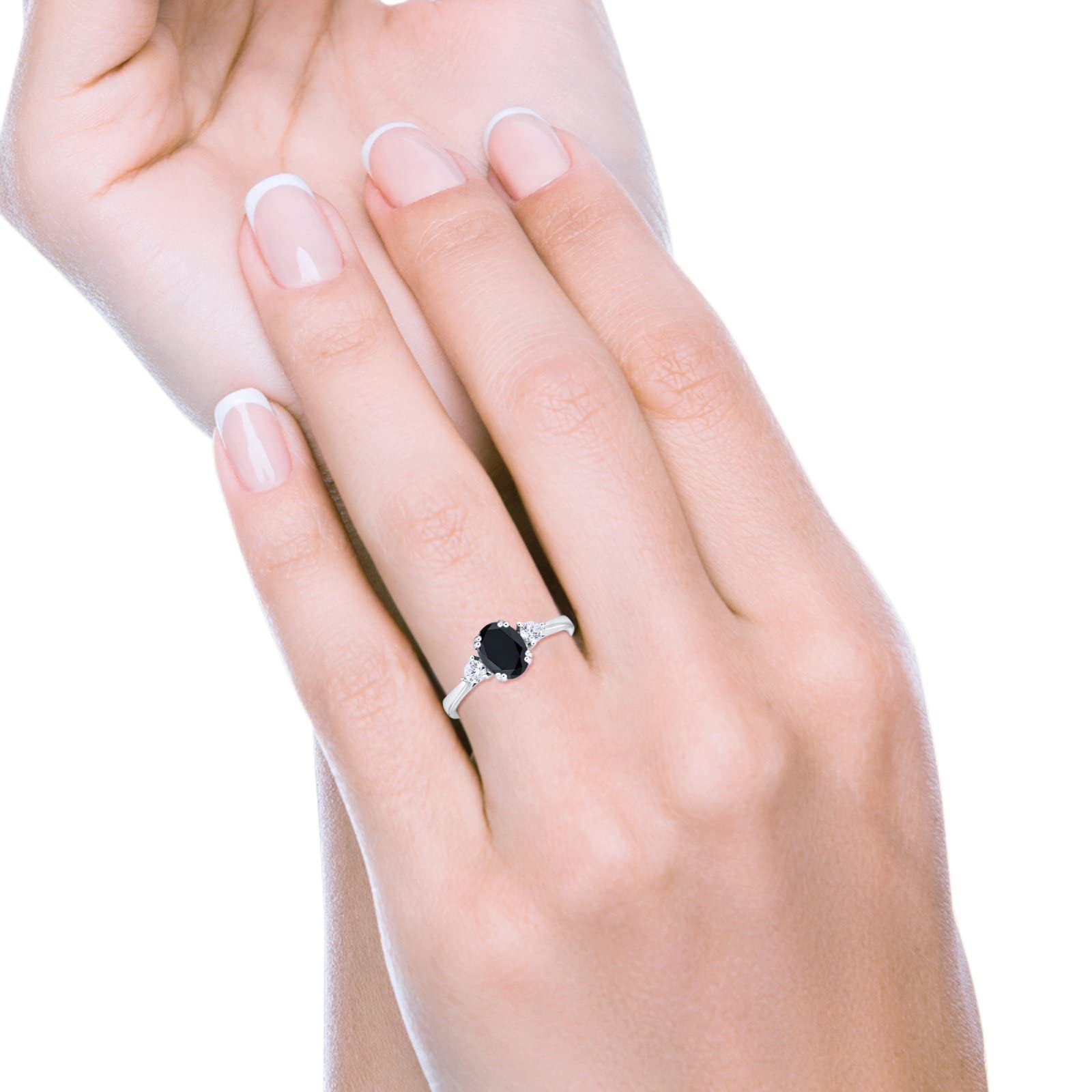 Simulated Black Cubic Zirconia Size-11 Three Stone Wedding Engagement Ring Oval Round Simulated Cubic Zirconia 925 Sterling Silver