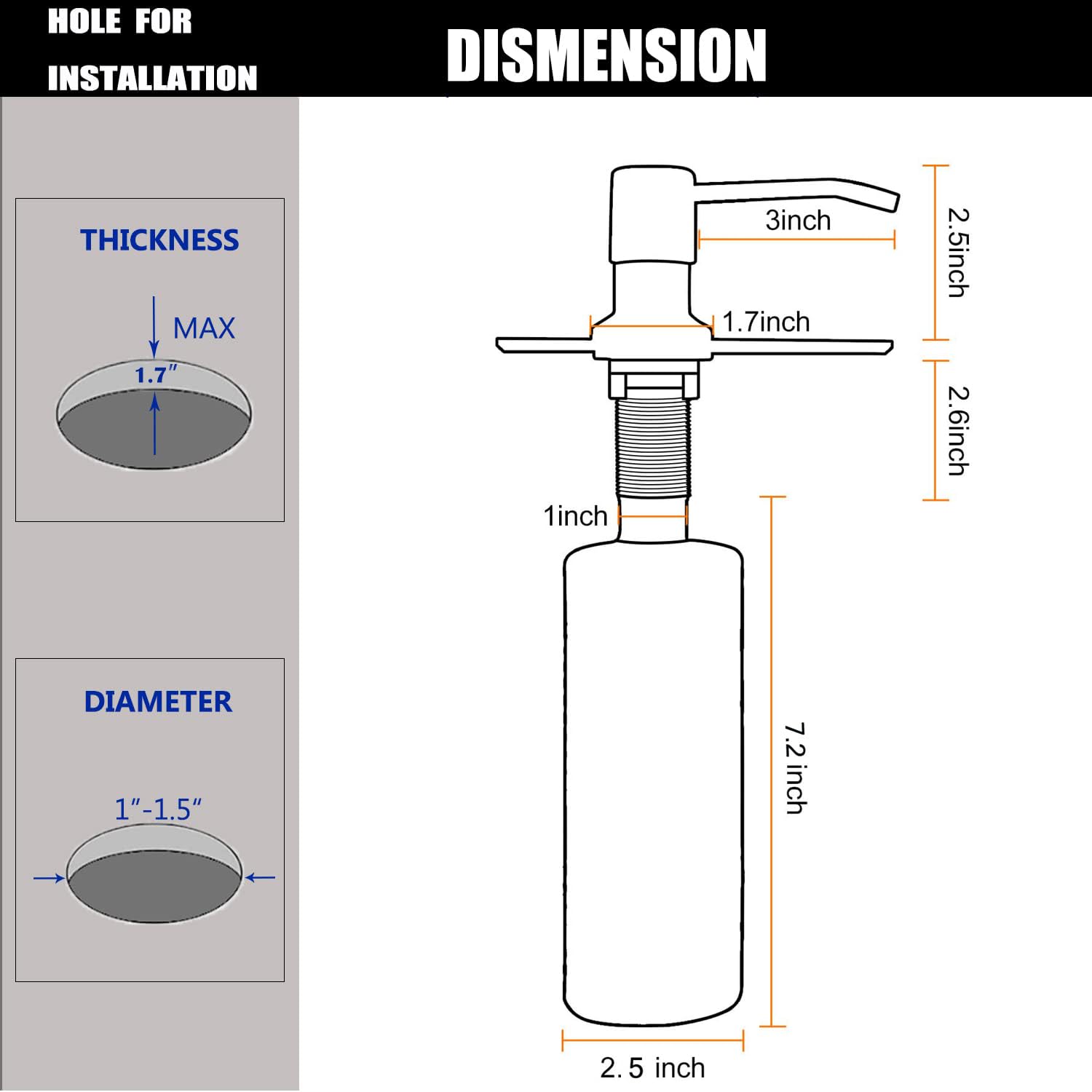 Soap Dispenser for Kitchen Sink Stainless Steel Built in Soap Dispenser Countertop Pump Head with 17OZ Large Liquid Bottle fit Kitchen Bathroom (Chrome)