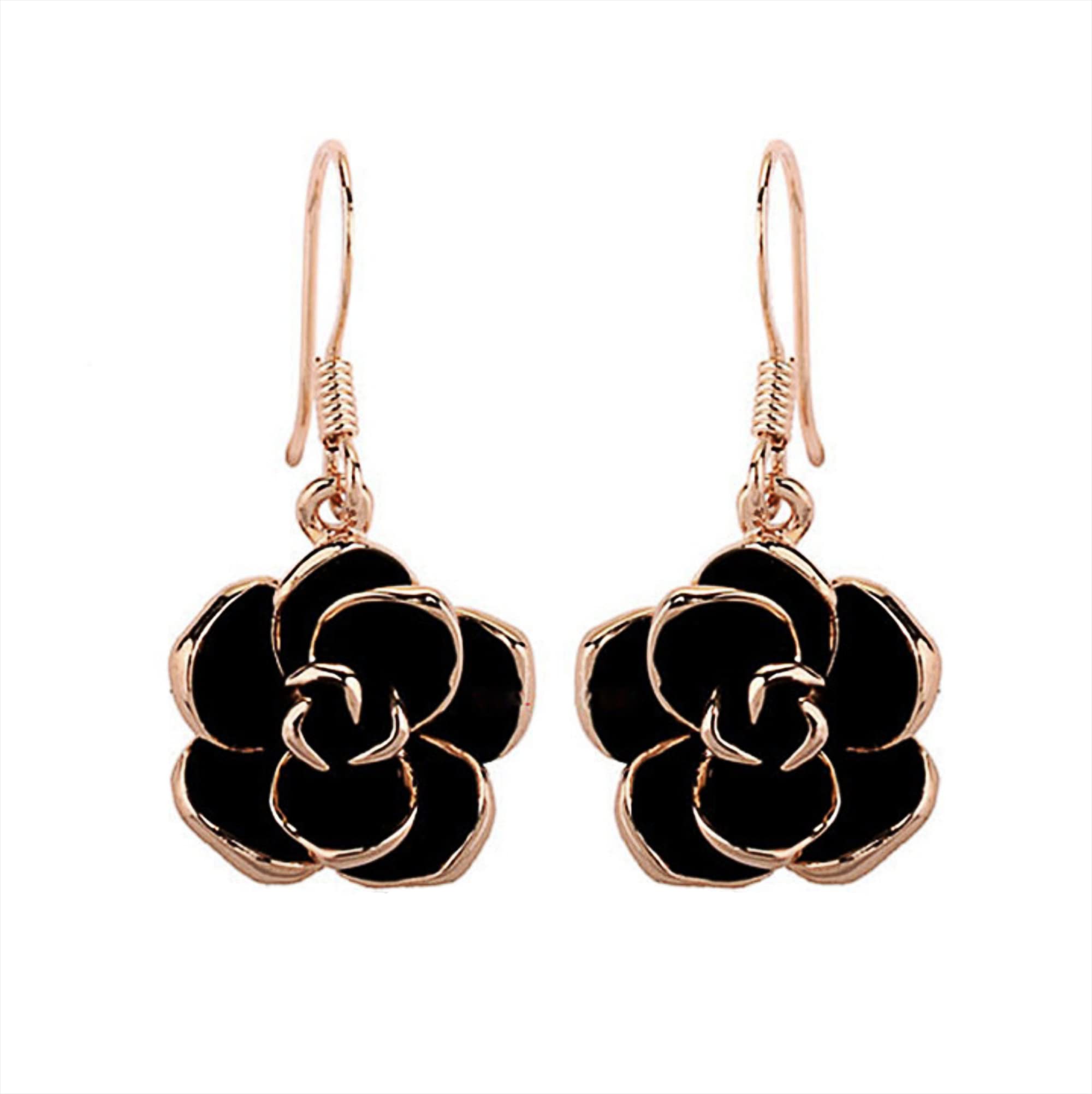 Rose Gold Plated Black Rose Flower Dangle Drop Earrings Fashion Jewelry for Women