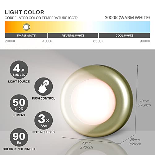 STAR-SPANGLED 5 Pack 2.8β Push Tap Lights, Stick on Touch Puck Lights AAA Battery Operated, LED Sticky Button Lights for Classroom, Kitchen, Under Cabinet, Closet (Golden, Warm White)