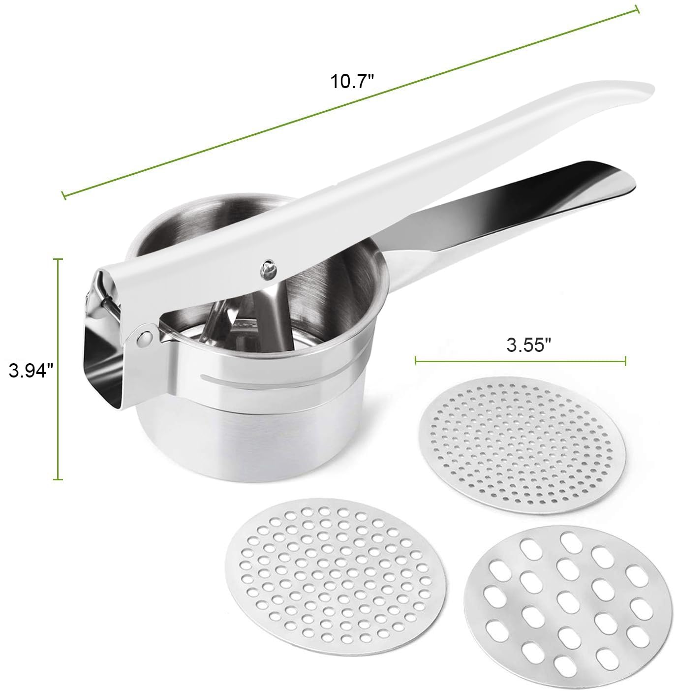 Potato Ricer Stainless Steel Potato Masher, Food Ricer, Fruit and Vegetables Press with 3 Removable and Interchangeable Discs, Manual Masher Ricer Kitchen Tool
