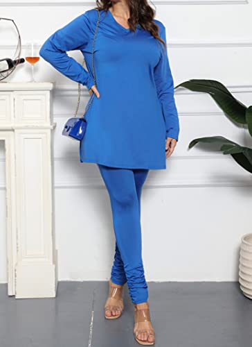 Vssjavun Women’s Running Sweatsuits Gym Set Two Piece Long Sleeve Top Ruched Pants Exercise Set Sets Blue XXL