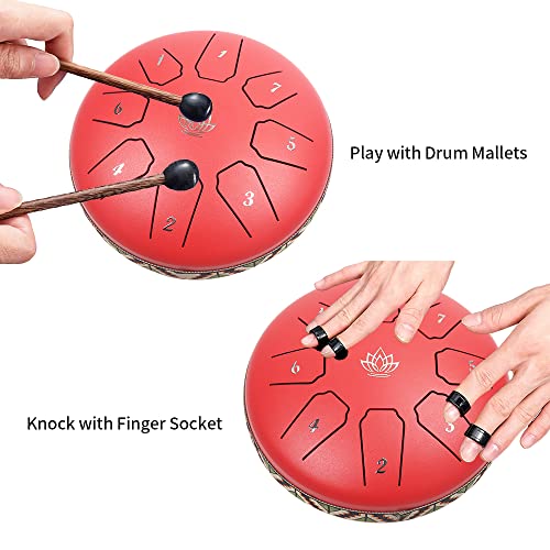 Yamaer Steel Tongue Drum 8 Notes 6 Inches Steel Hand Drum C-Key with Bag, Music Score, Drumsticks. (red)