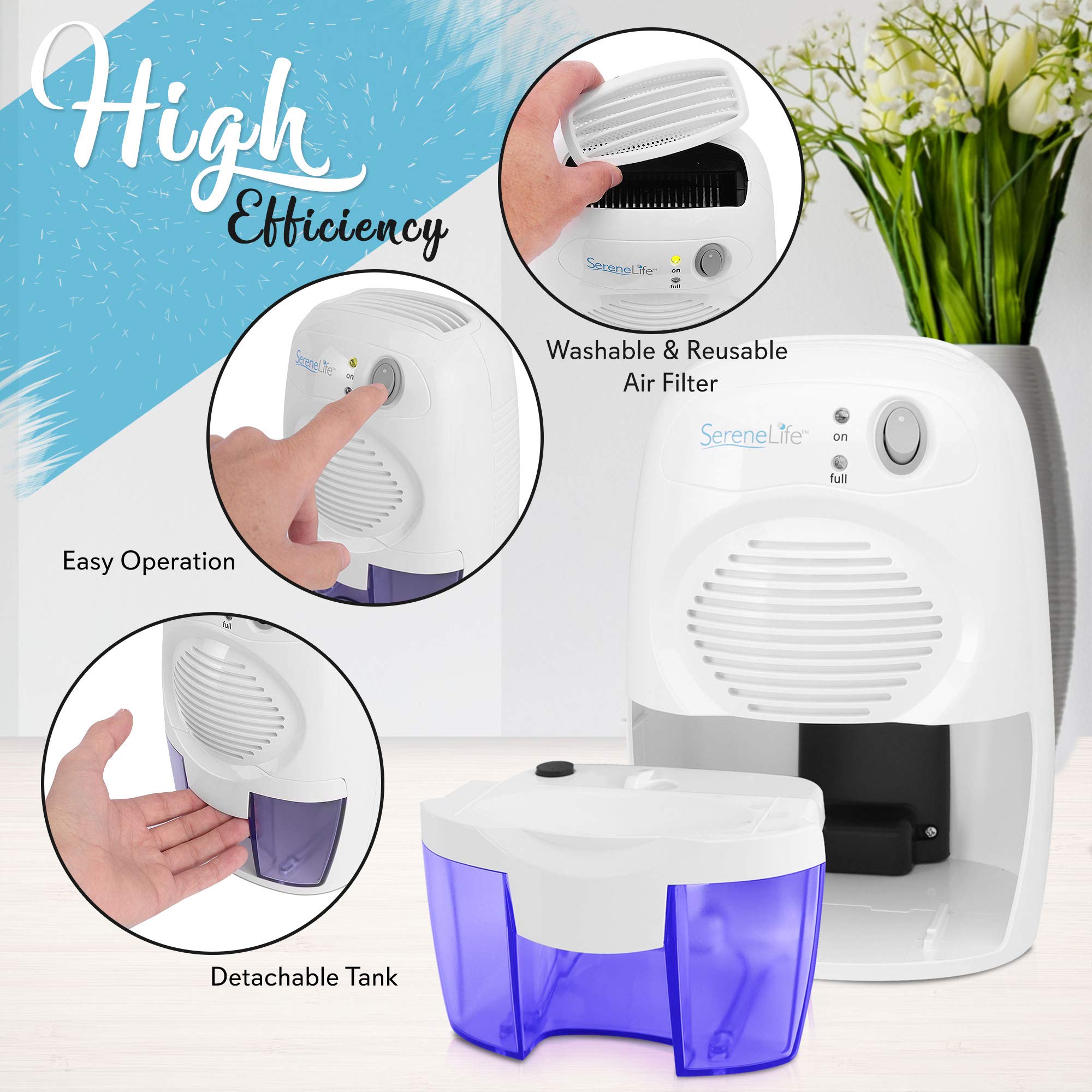 SereneLife Dehumidifier 16oz. Compact Electronic Cooler-Rooms up to 1100 Cu Ft-Breathe Easier, Odor Eliminator, Moisture Control, Ventilation Fan, Reusable Air Filter, Removable Water Tank