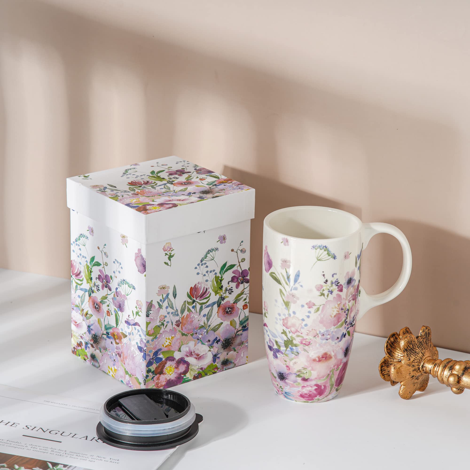 Topadorn Ceramic Coffee Mug Travel Cup Gift with Lid 17oz, Porcelain Tall Tea Cup with Handle for Home & Office, White & Pink Flower Art Pattern Mug in Gift Box, 6.5''H