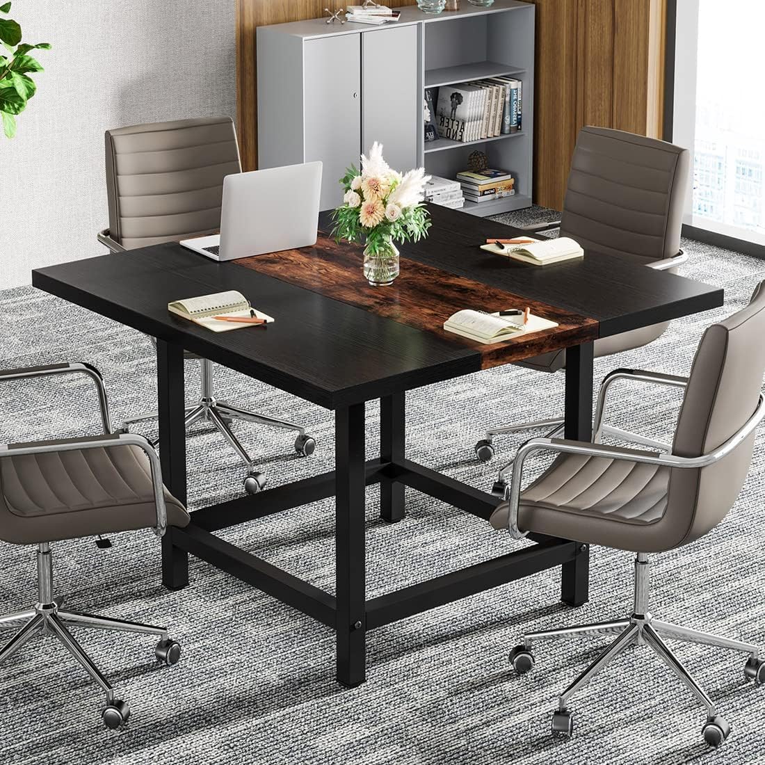 Tribesigns Small Conference Room Table for 4 People, Rustic Square 40- Inches Wood Computer Desk for Home Office, Small Space (Chair not Included)