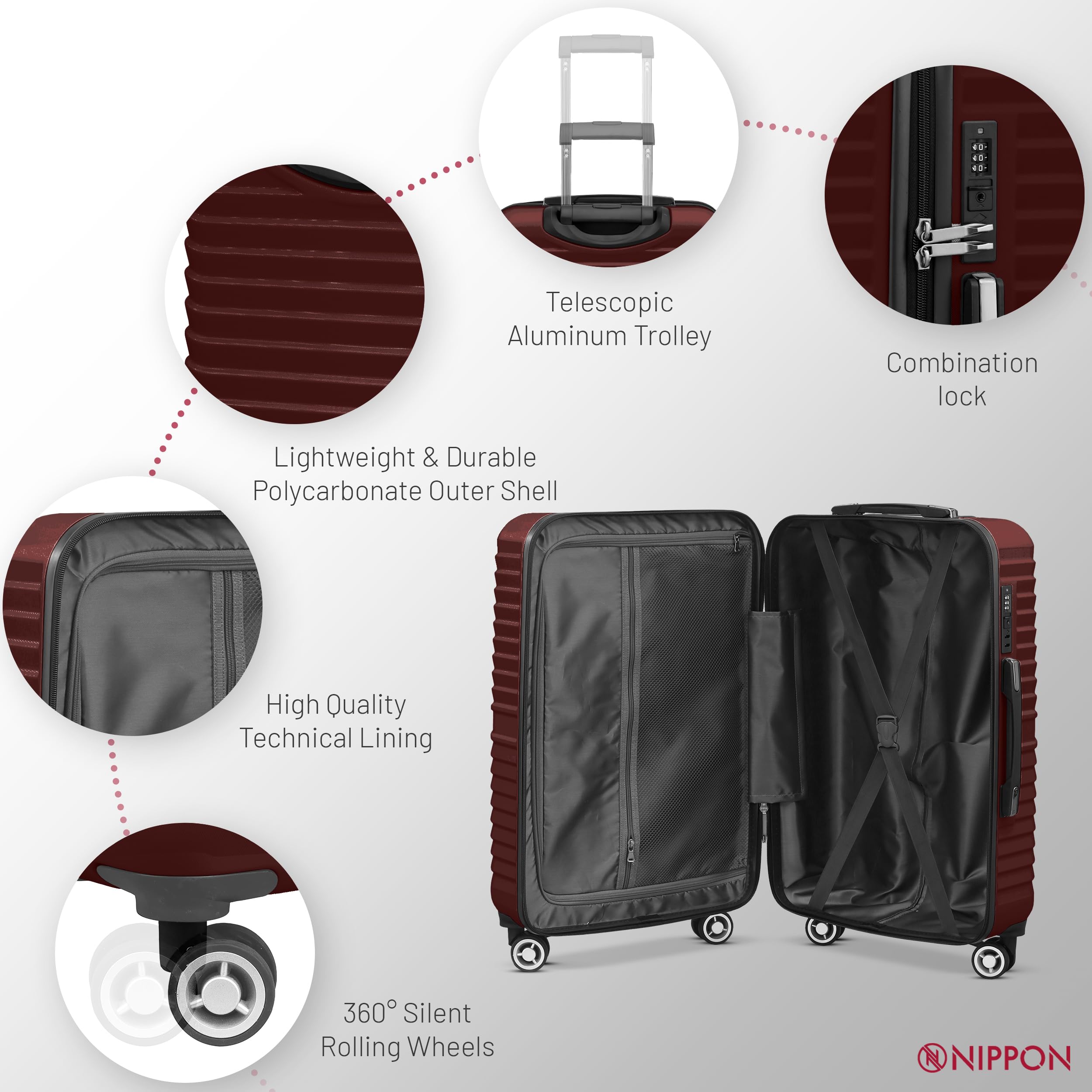 Nippon Luggage Nomad 3-Piece Rolling Hardside Spinner Suitcase Set with Wheels for Women and Men, Lightweight Travel Hard Shell Roller, Premium Polycarbonate, Small, Medium and Large, Red