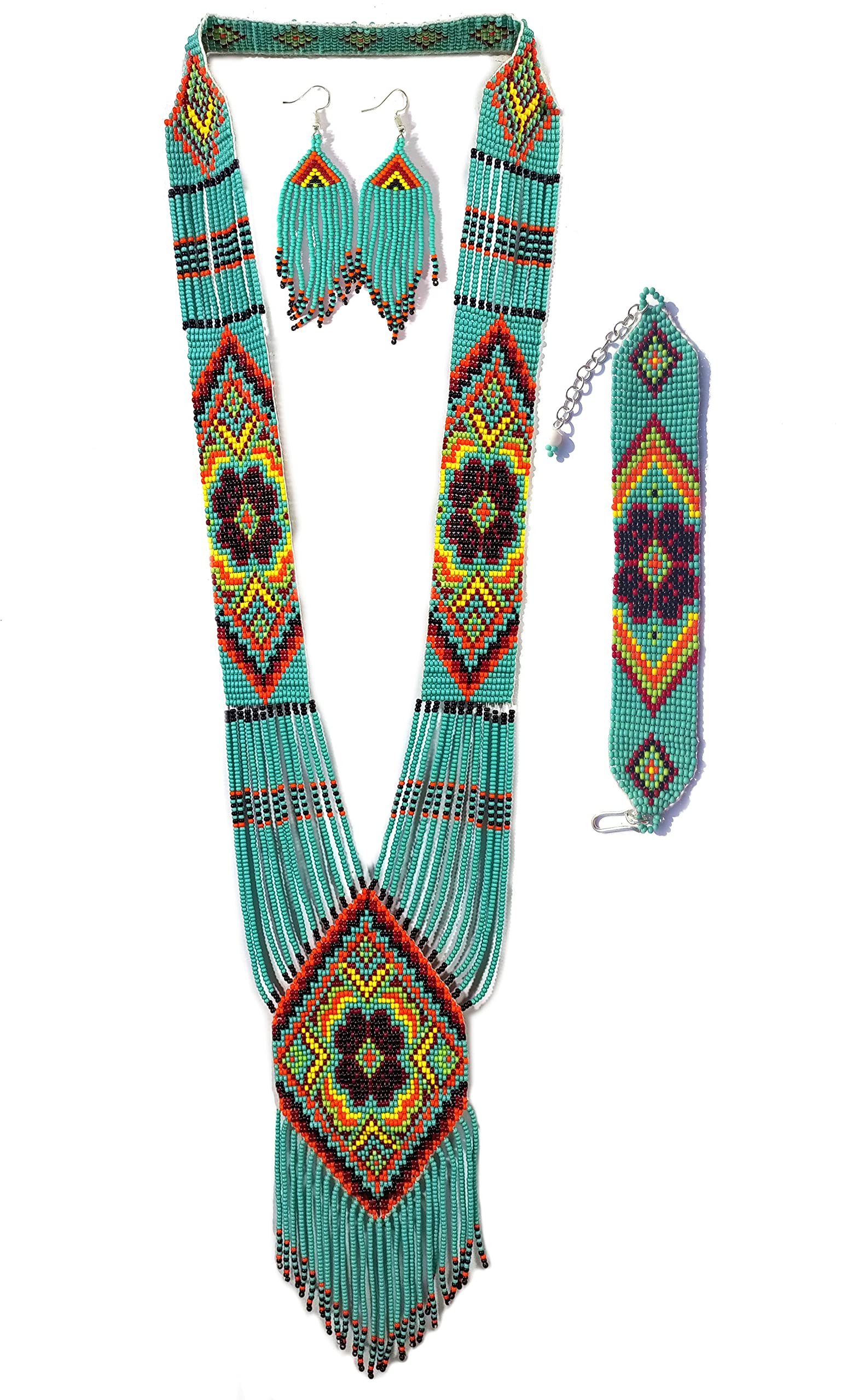 Weavish Native American Style beaded necklace for women Boho Statement Designer Jewelry Handmade Seed bead Long with earrings and Bracele (Turquoise)