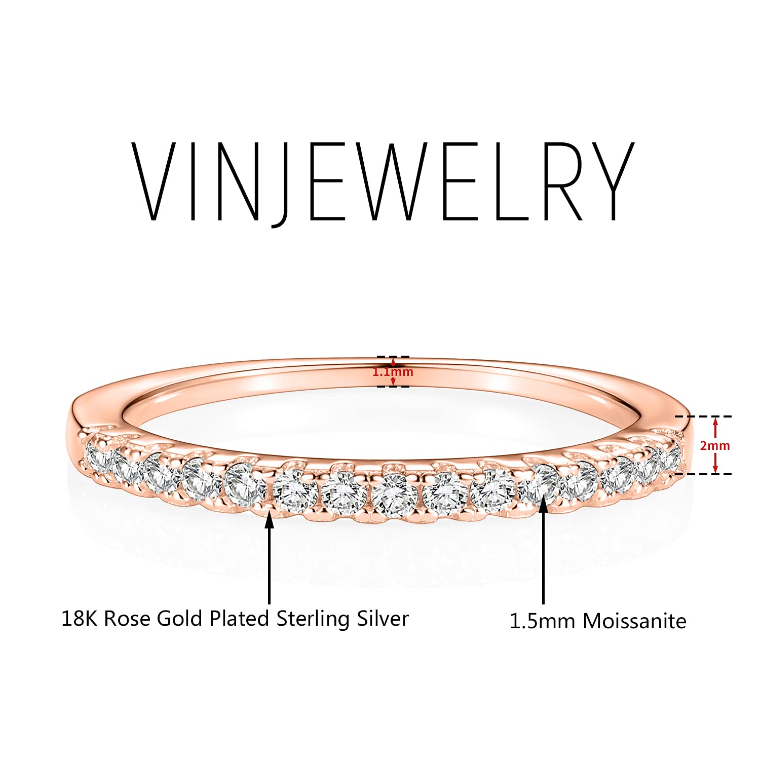 Vinjewelry 1.5mm Wedding Band for Women Moissanite Eternity Ring 18K Rose Gold Plated Sterling Silver Classic Engagement Rings Stackable Anniversary Promise Statement Ring Gift for Her Size 8