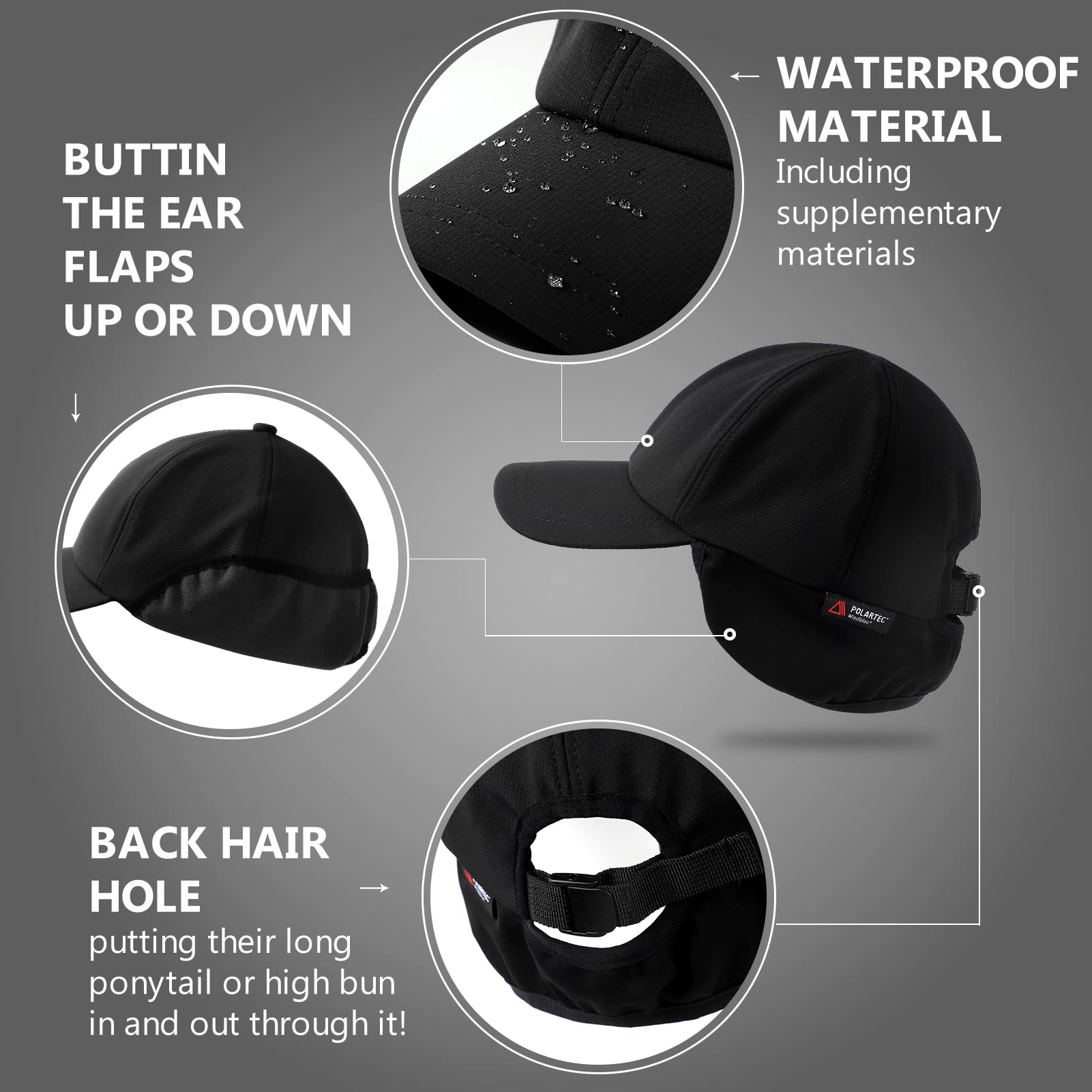 Womens Winter Baseball Cap with Earflaps Fleece Lined Warm Waterproof Hat Mens Outdoor Adventure Adjustable Cap