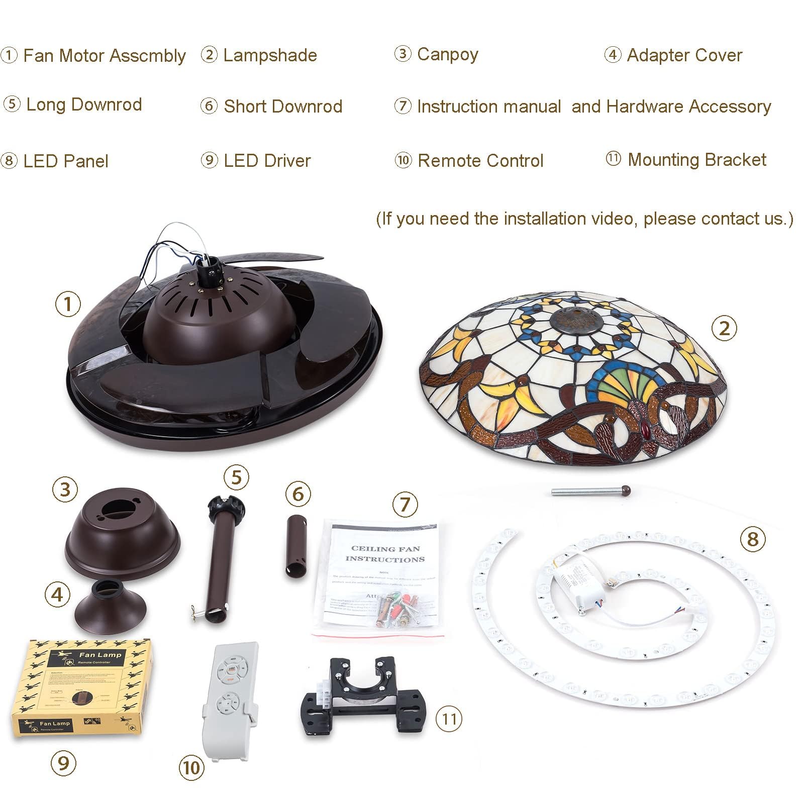 TFCFL 42 Inch Tiffany Style Invisible Ceiling Fan with Lights and Remote Control,Retractable Blades 3 Speeds 3 Light Changes Fandelier Chandelier Fan,Quiet Motor,Indoor Ceiling Lighting Fixture