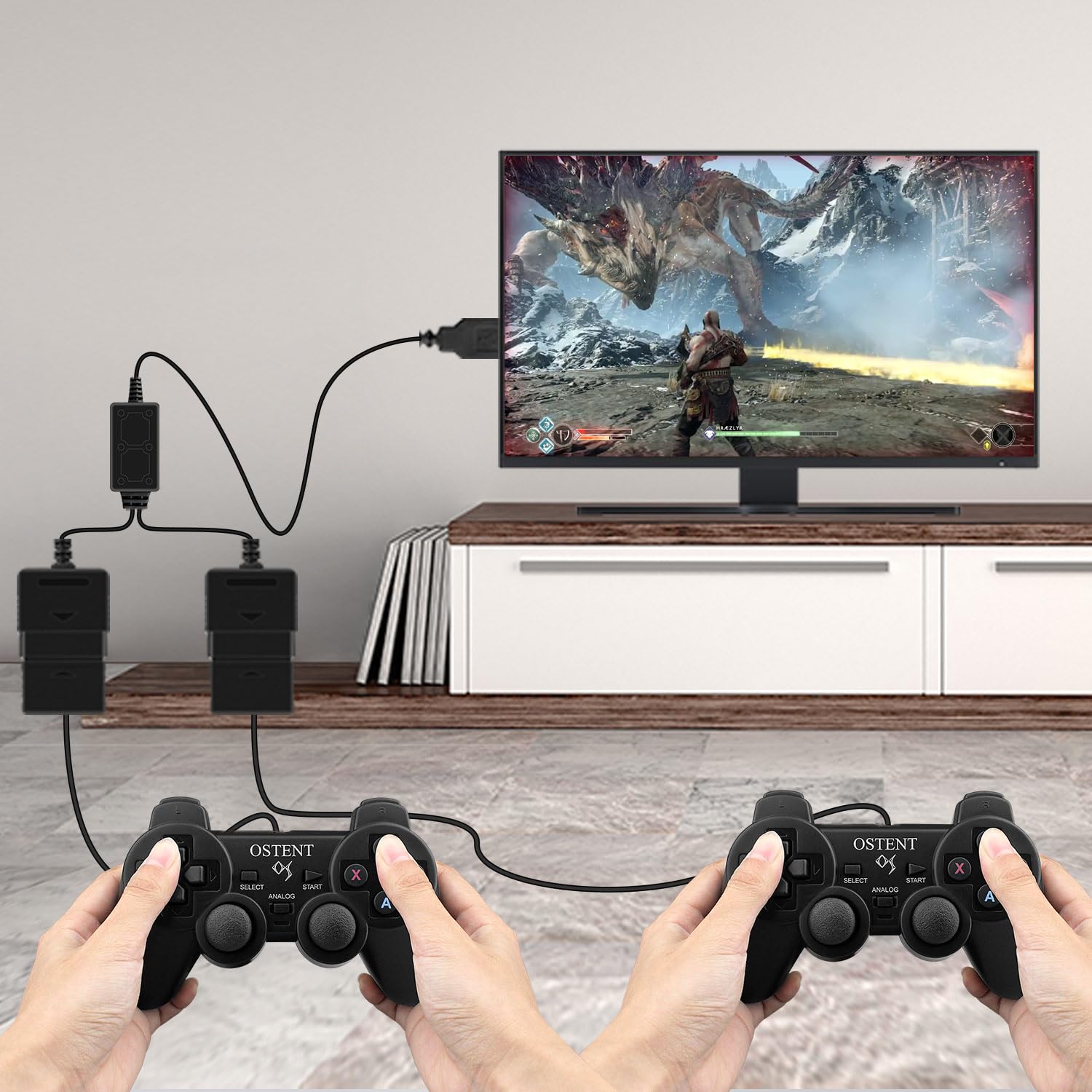 OSTENT Dual USB Adapter Converter Cable Cord for Sony PlayStation 1/2 PS One PSX Wired Controller Gamepad Joystick to PC Laptop