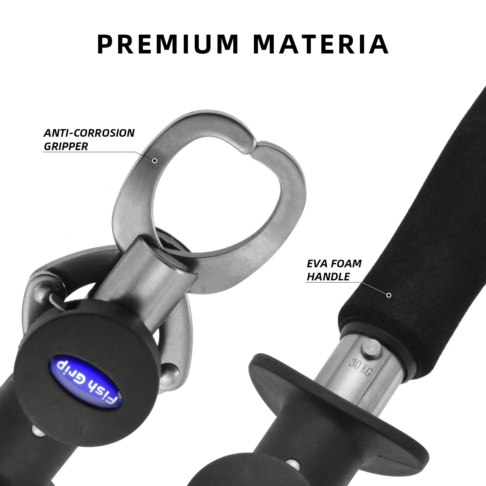 SF Fish Grip Holder Stainless Steel Fishing Gripper Two-Sided Trigger Tool Fish Lip Grabber with Scale Max 30kg EVA Foam Handle Adjustable Wrist Strap