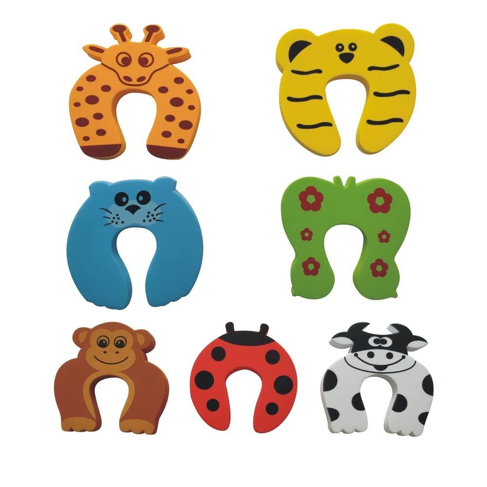 VizGiz 7 Pack Finger Pinch Guard Door Stopper Baby Children Safety Cartoon 7 Animals Stop Clip Silencer Clamp Anti-Slamming Anti-Lock Hand Guards Security EVA Foam Cushion for Parents Kids Toddlers