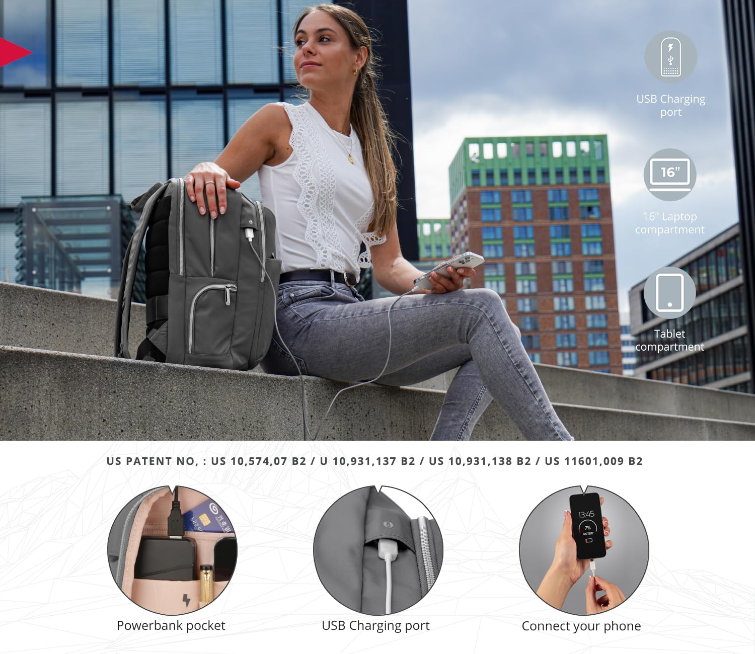Swissdigital Design Laptop Backpack For Women,College Bookbags With USB Charging Port,Large Capacity Computer Backpacks For Work Business Grey(Katy Rose SD1006F-02)