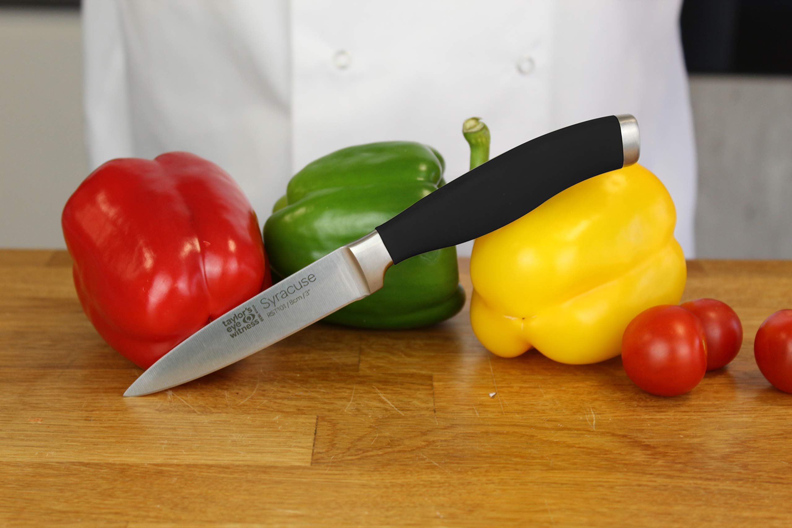 Taylors Eye Witness Syracuse Vegetable Paring Kitchen Knife - Professional 8cm/3.5β Cutting Edge, Multi Use. Ultra Fine Blade, Precision Ground Razor Sharp. Soft Textured Grip Matte Black Handle.