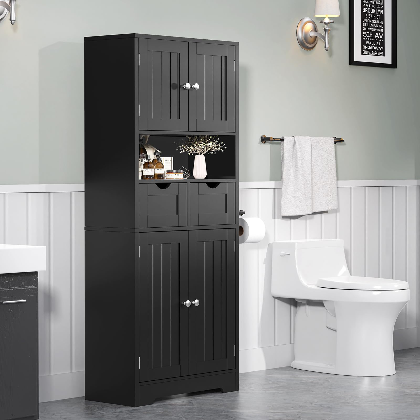 Quimoo Tall Storage Cabinet, Bathroom Cabinet with Drawers & Adjustable Shelves, Bathroom Storage Cabinet for Living Room, Kitchen, Black