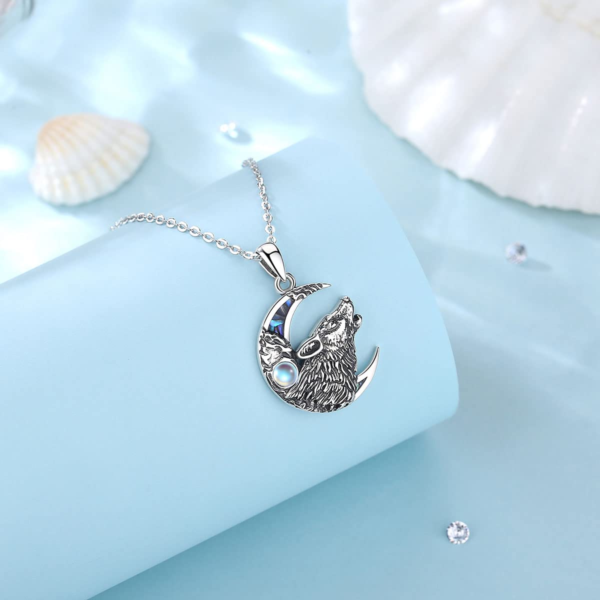 Vito Sterling Silver Wolf Moon Necklace for Women Men, Viking Wolf Moonstone Crescent Pendant Abalone Oxidized Jewelry Gifts, 18 Inch Chain
