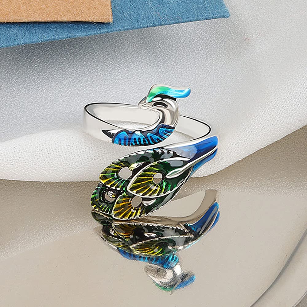 Vintage Enameled Peacock Ring for Women Girls Silver Plated Statement Adjustable Expandable Animal Open Band Finger Rings Comfort Fit Boho Delicate Mother's Day Christmas Jewelry