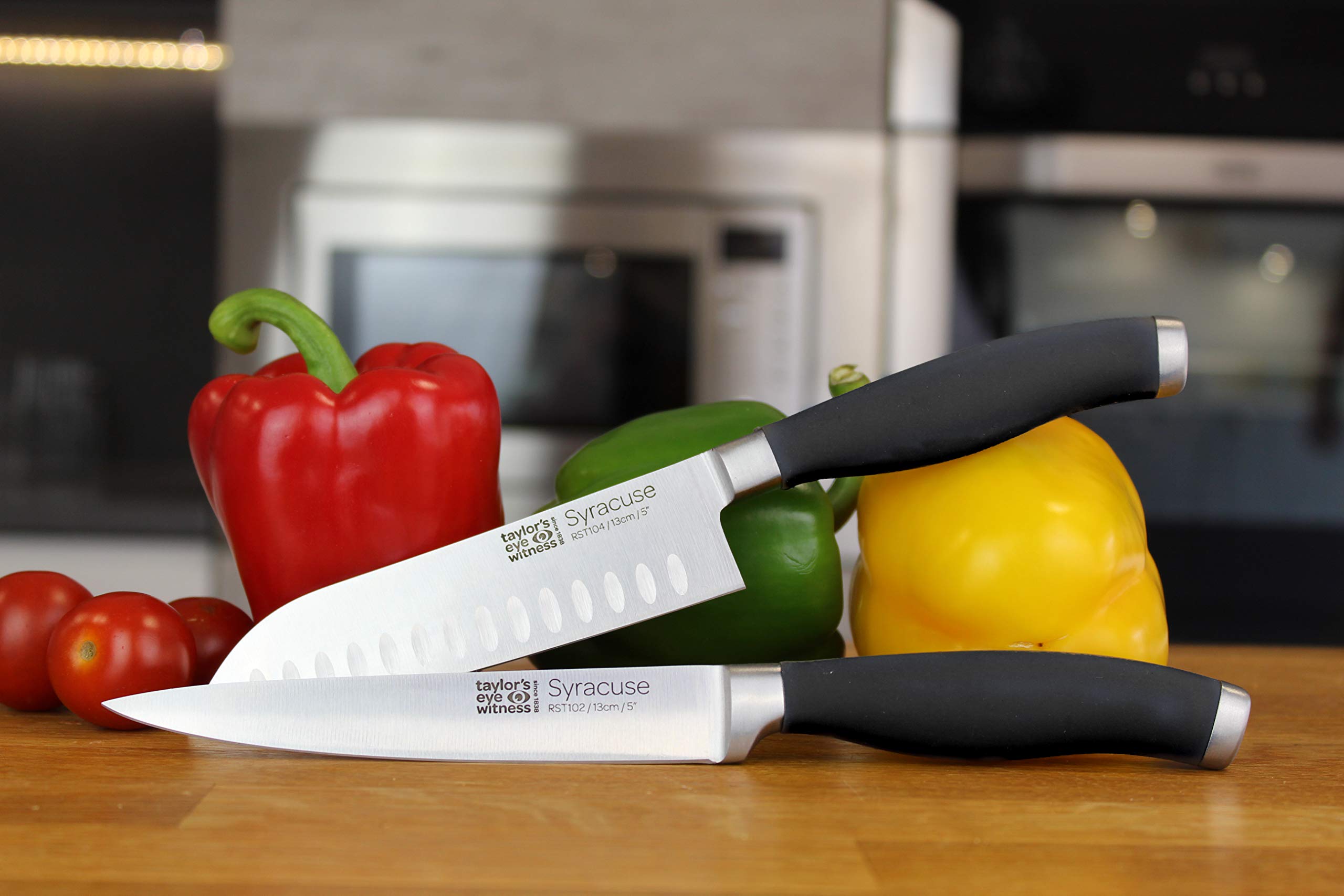 Taylors Eye Witness Syracuse Asian Kitchen Knife Set - Chefs Santoku 13cm/5β & Cooks All Purpose 13cm/5β Cutting Edge, Multi Use. Ultra Fine, Razor Sharp Blade. Soft Textured Grip Matte Black Handle.