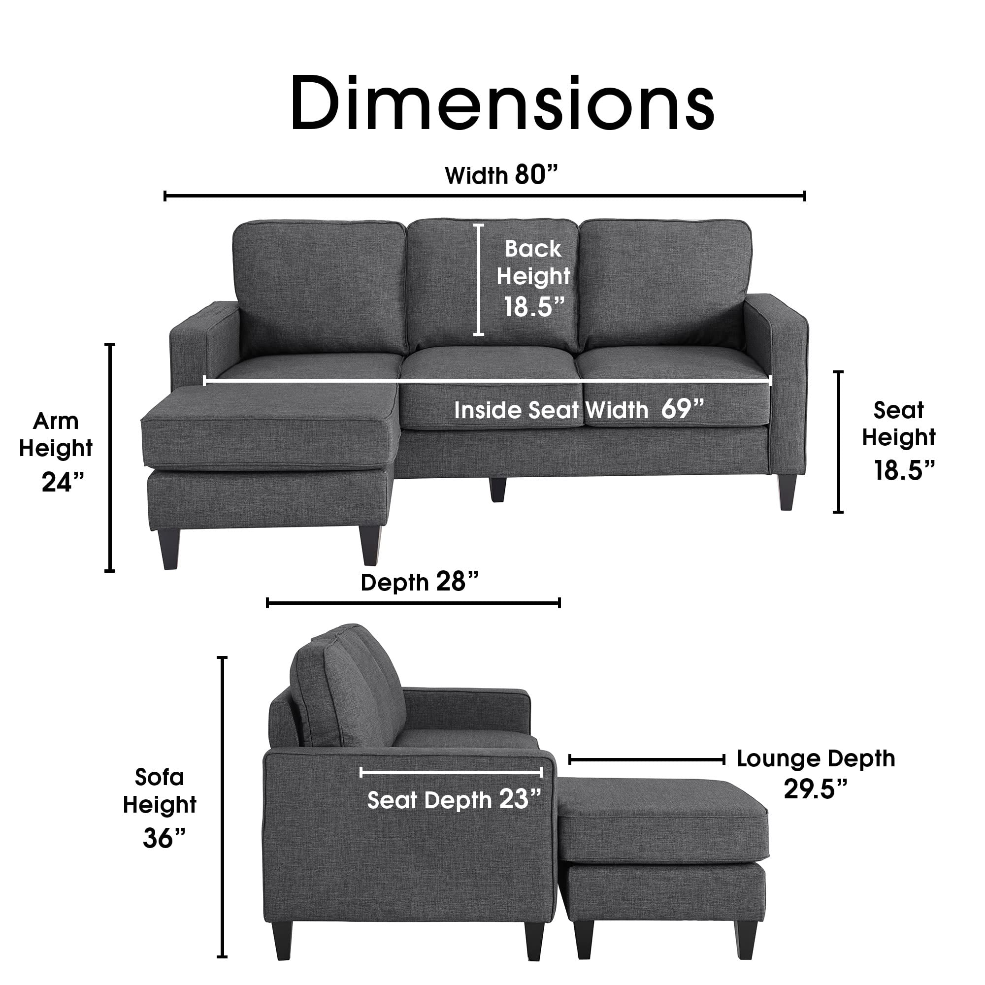 Serta Harmon Reversible Sectional Sofa, Modern L-Shaped Couch for Small Spaces, Soft Fabric Upholstery, Square Arm, Dark Gray